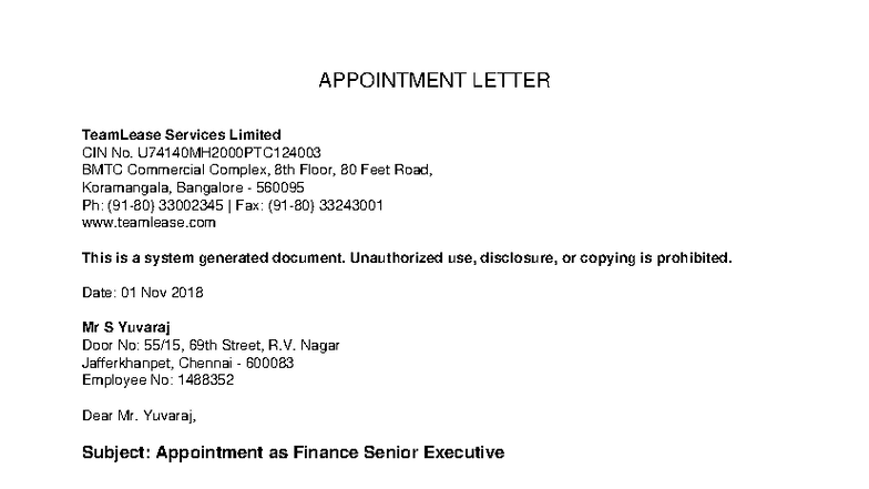 APPOINTMENT LETTER - Finance Senior Executive at TeamLease - Studocu