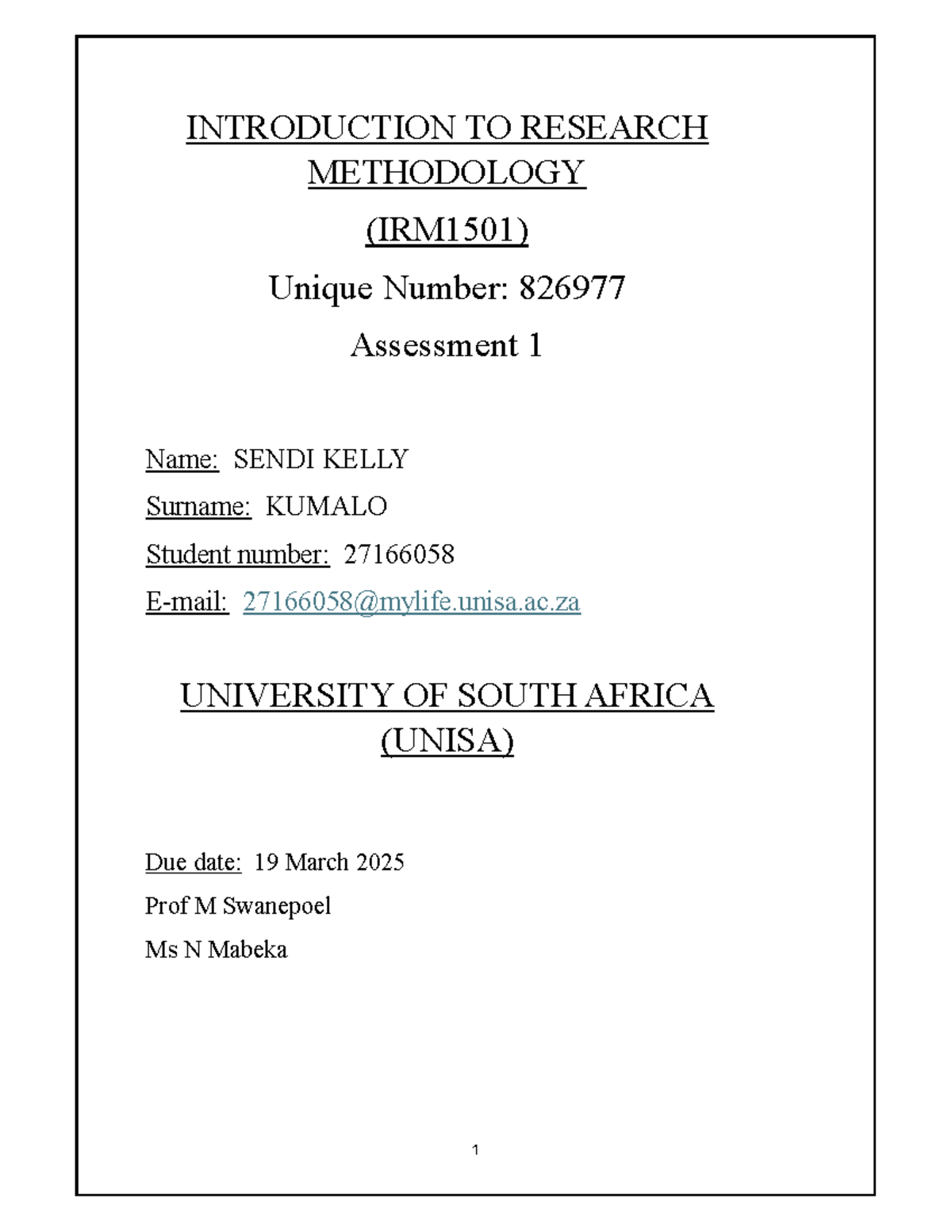 IRM1501 (Assessment 1) - INTRODUCTION TO RESEARCH METHODOLOGY (IRM1501 ...