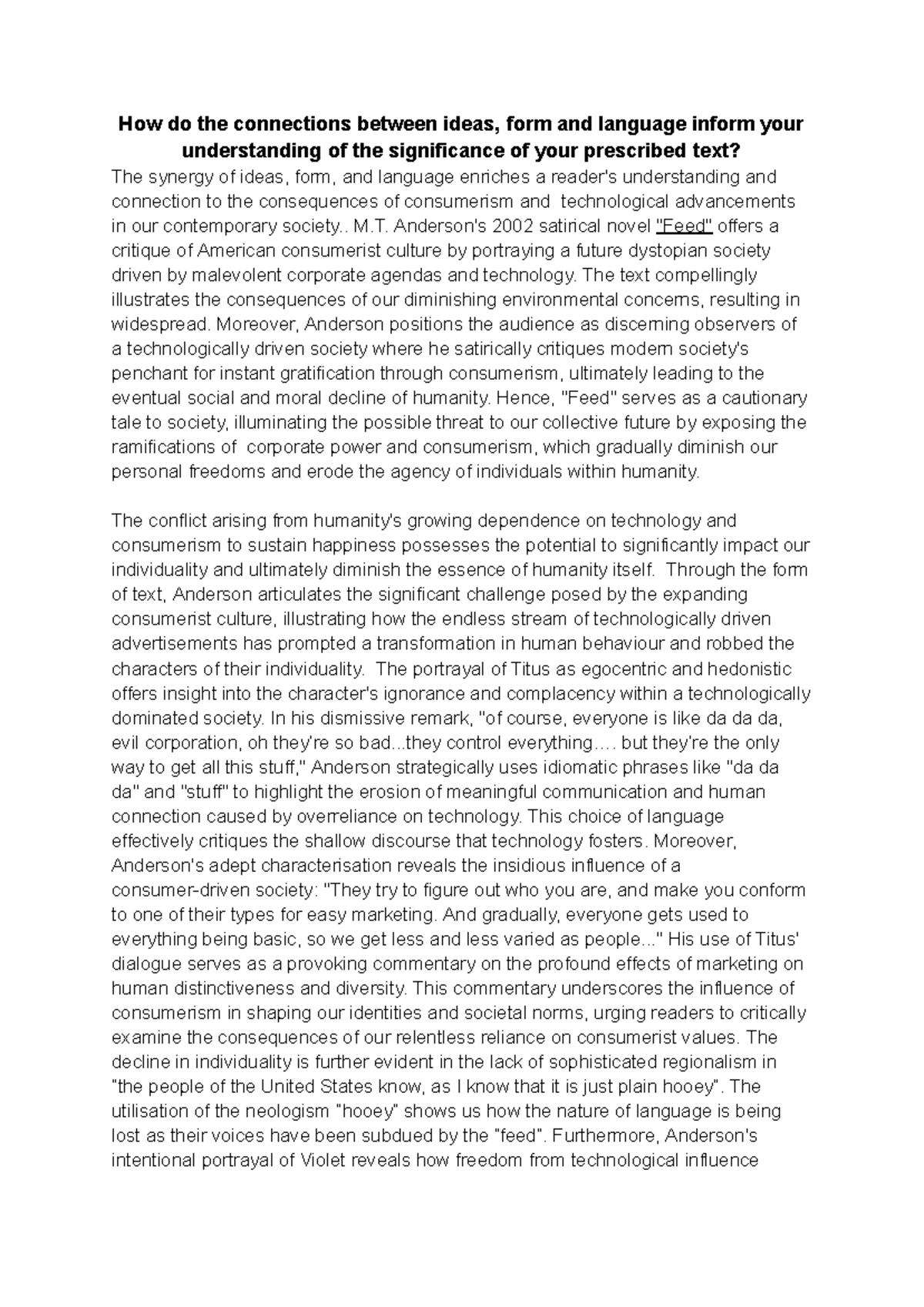 HSC Mod B - Band 6 Essay: Understanding Consumerism in "Feed" - Studocu