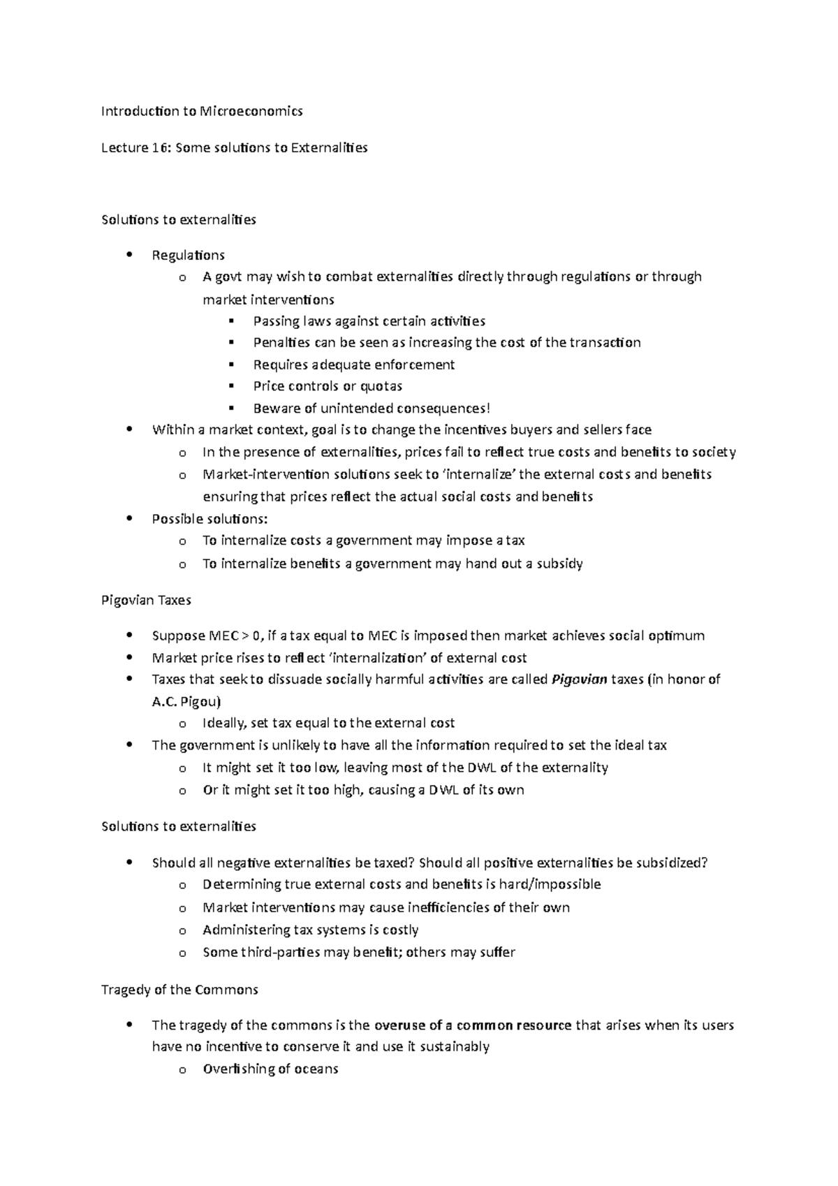 Lecture 16 - Addressing Externalities: Regulations & Economic Solutions ...