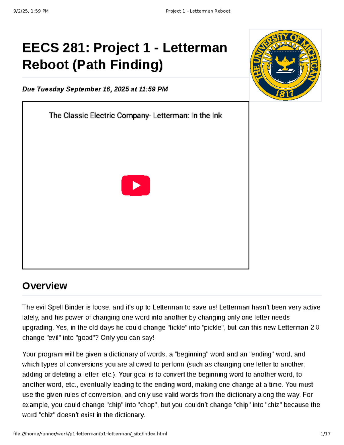 EECS 281: Project 1 Letterman Reboot - Path Finding Overview - Studocu