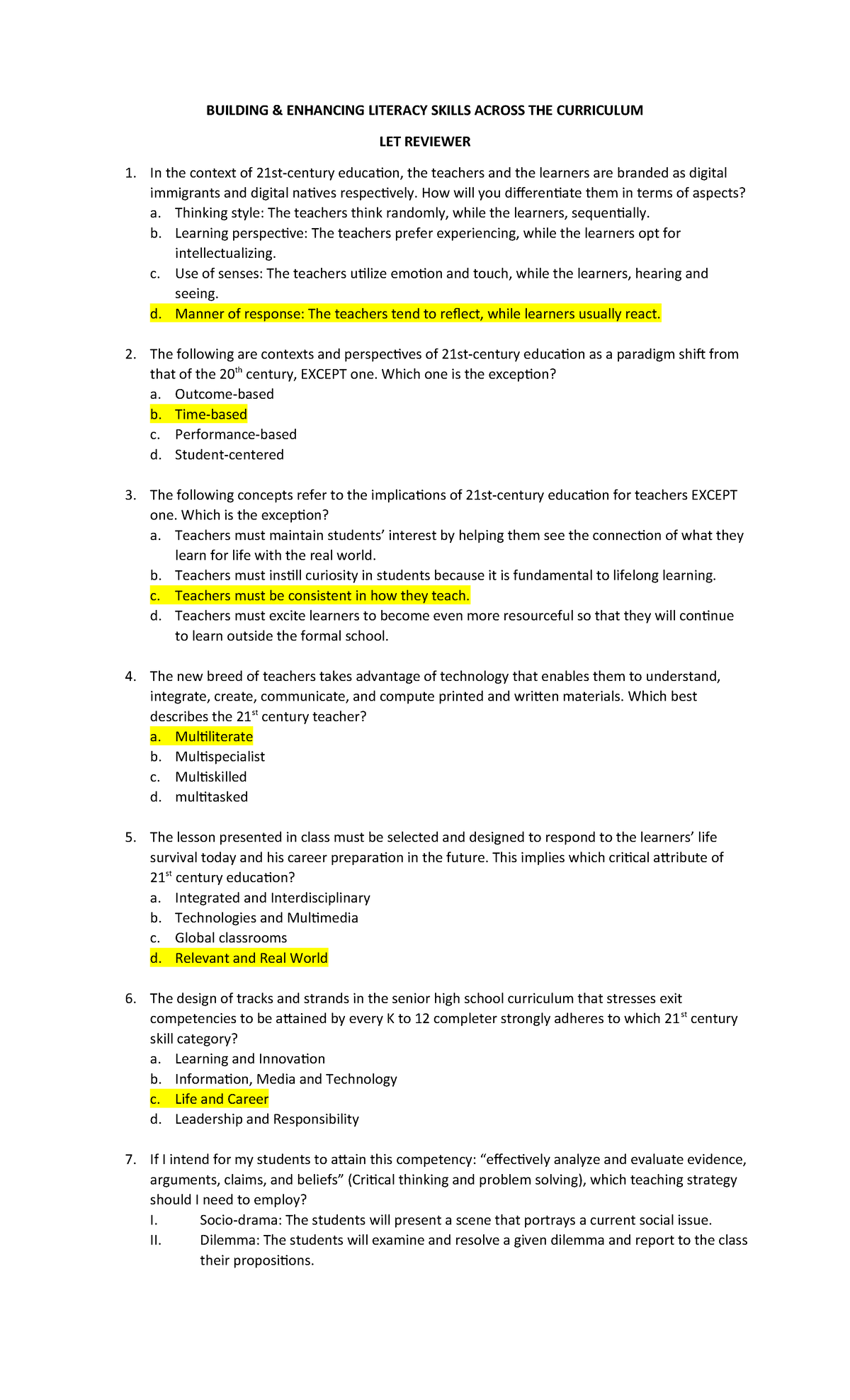 LET Review Notes: Enhancing Literacy Skills Across the Curriculum - Studocu