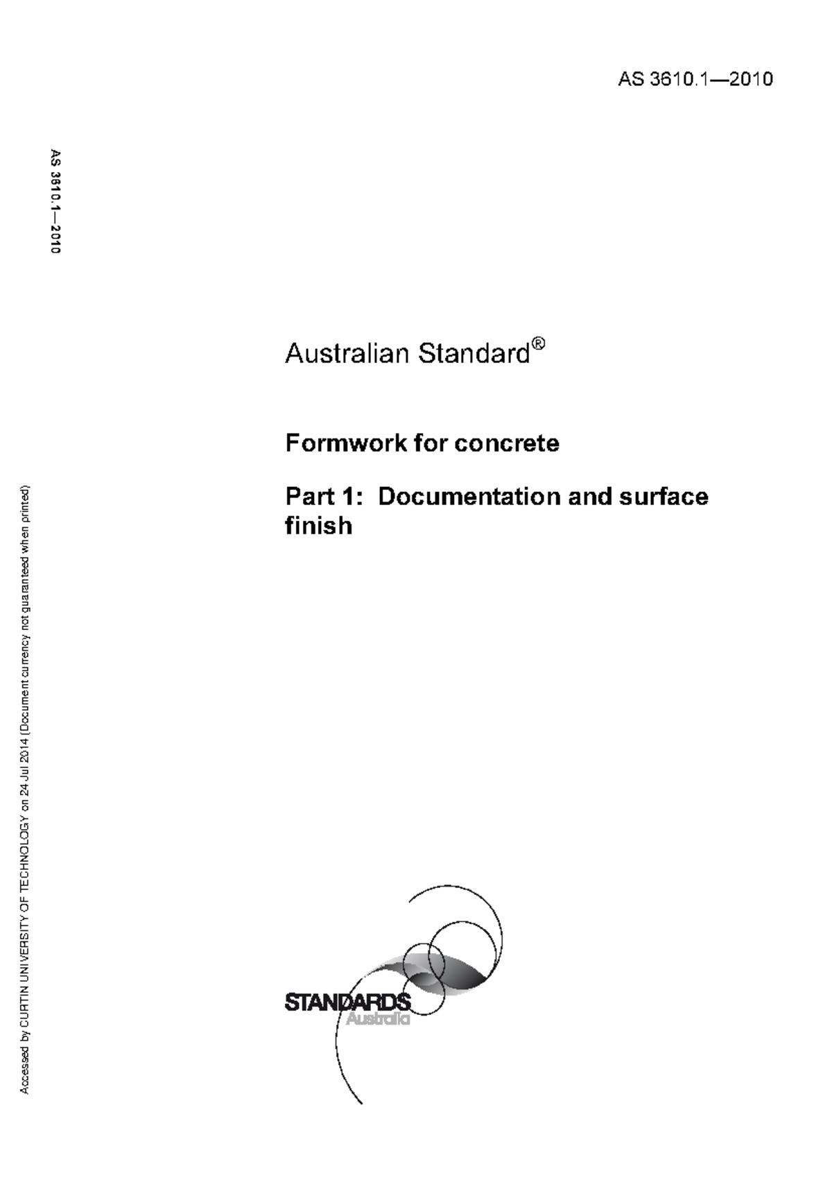 AS3610.1 - Formwork for Concrete: Documentation & Surface Finish - Studocu