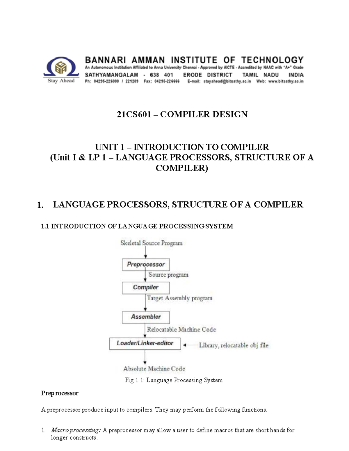 21CS601 – COMPILER DESIGN: UNIT 1 INTRODUCTION TO COMPILERS - Studocu