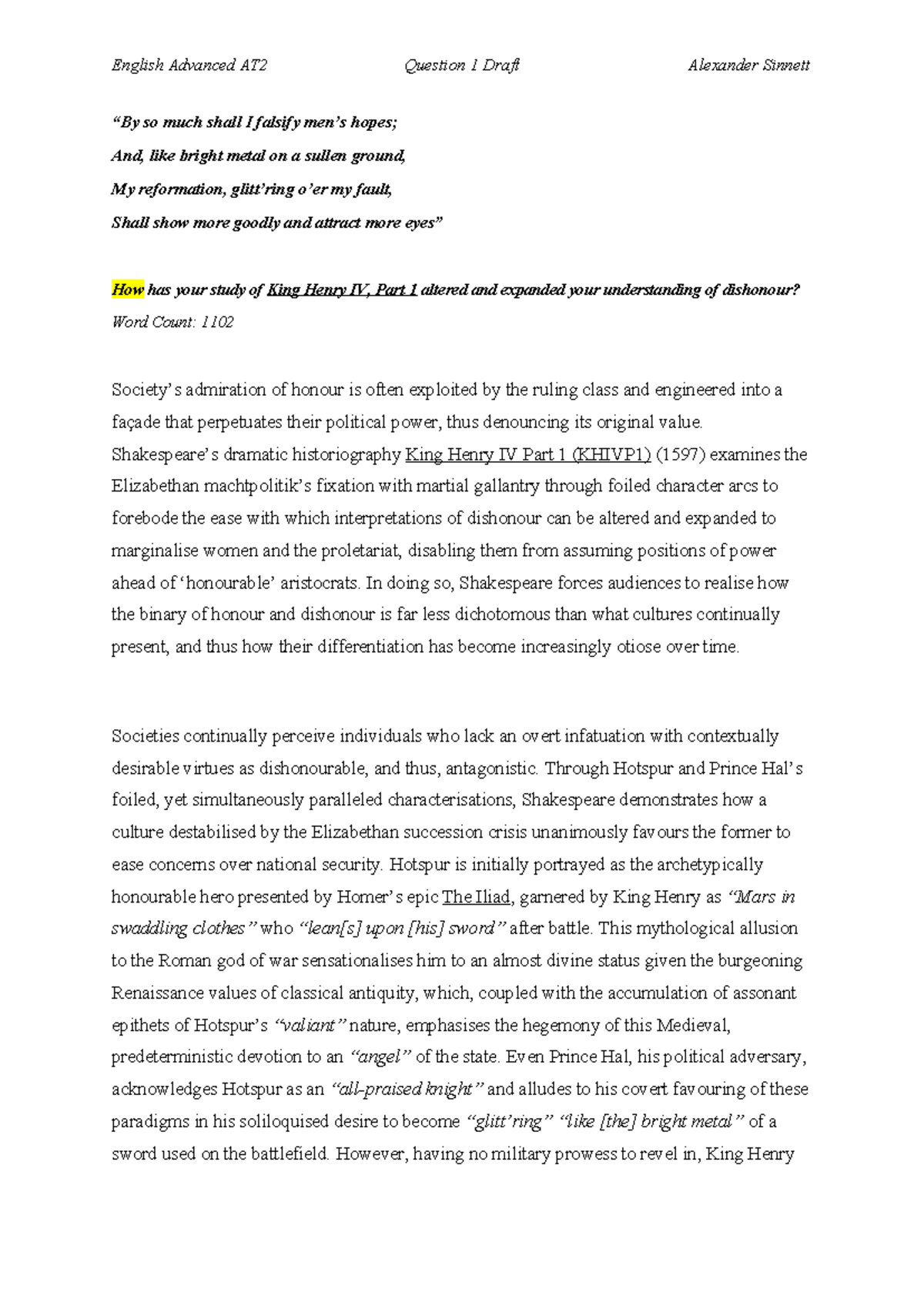 HSC ENG ADV MOD B Essay Draft: Exploring Dishonour in King Henry IV ...