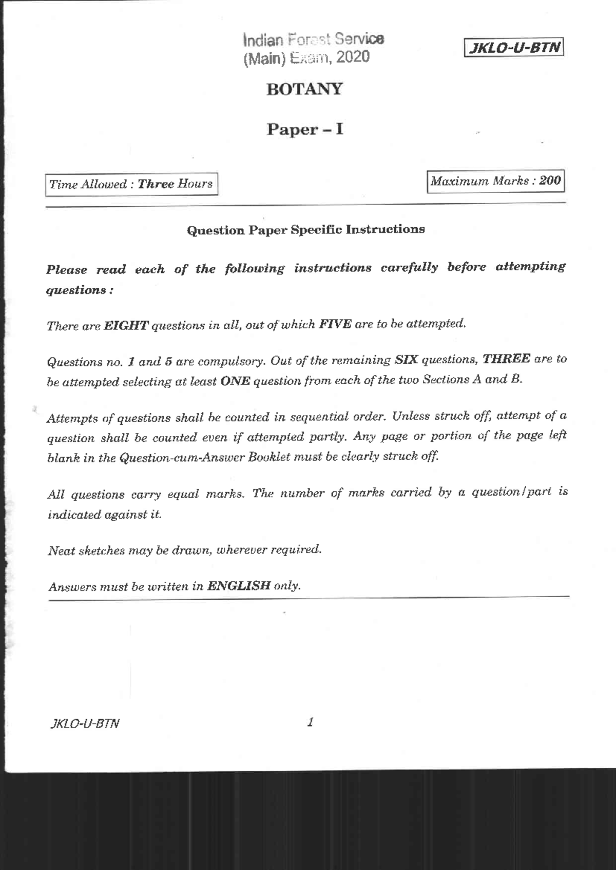 Botany I - Previous Year Question Paper - botany - Studocu