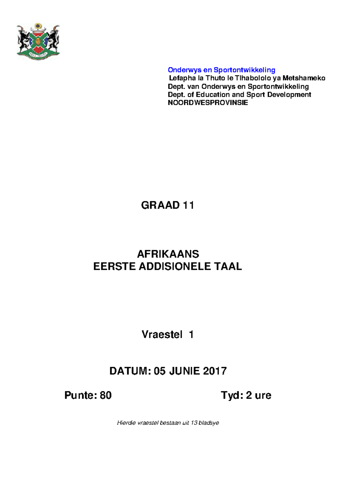 Afrikaans Vraestel 1 - GR-11 - Eerste Addisionele Taal (FAL) - Studocu