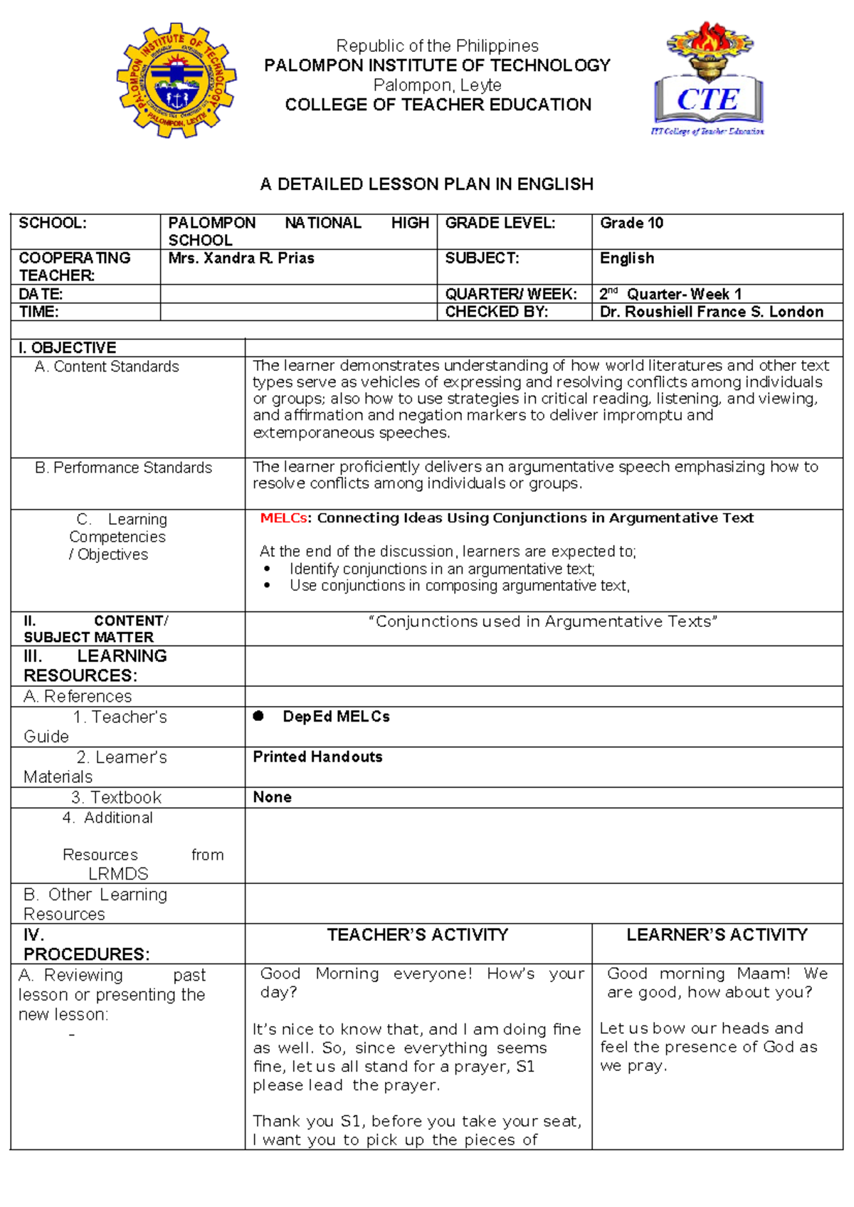 LP 5 - Detailed Lesson Plan on Conjunctions for Grade 10 English - Studocu