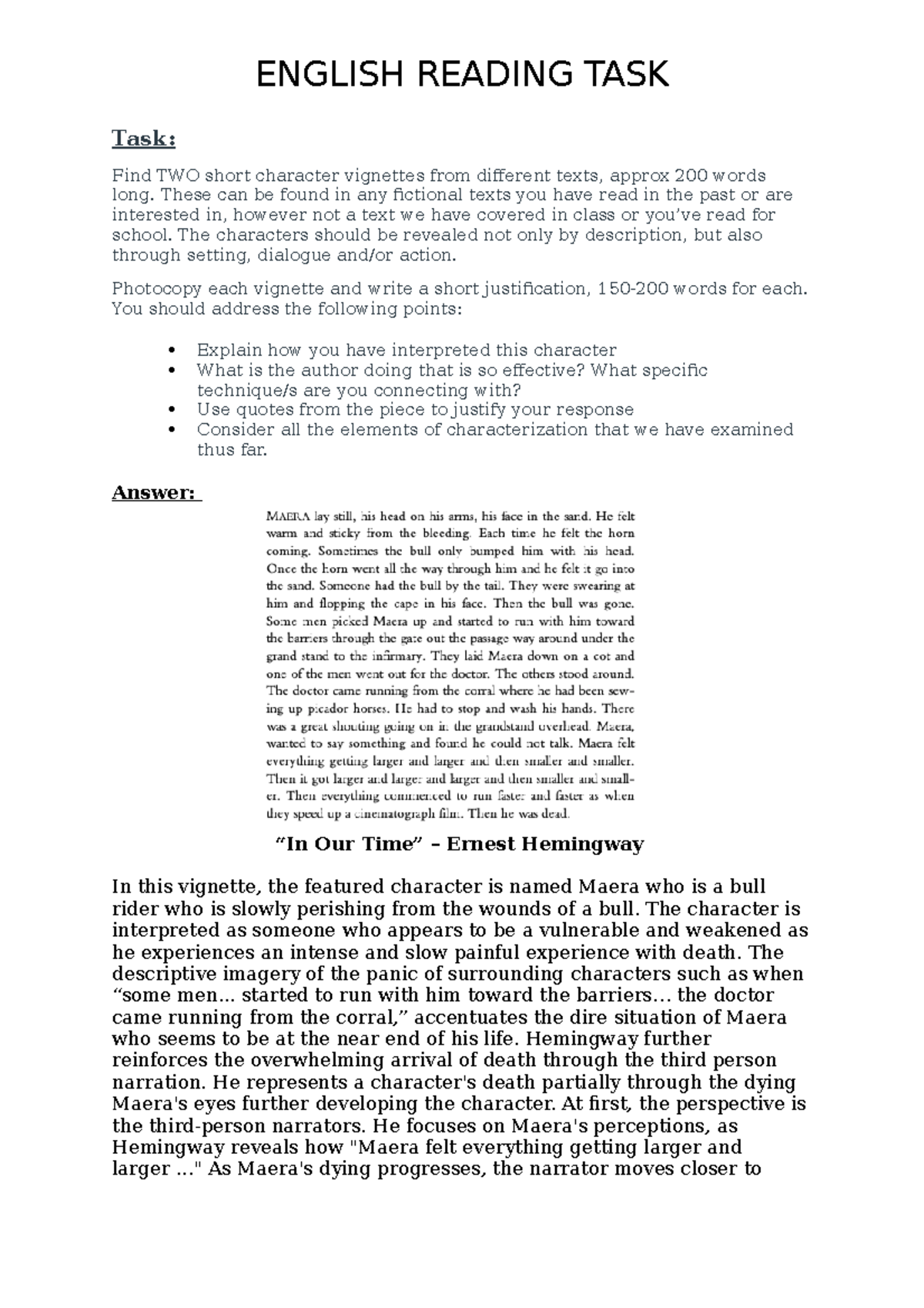 Reading Task - ENGLISH READING TASK Task: Find TWO short character ...