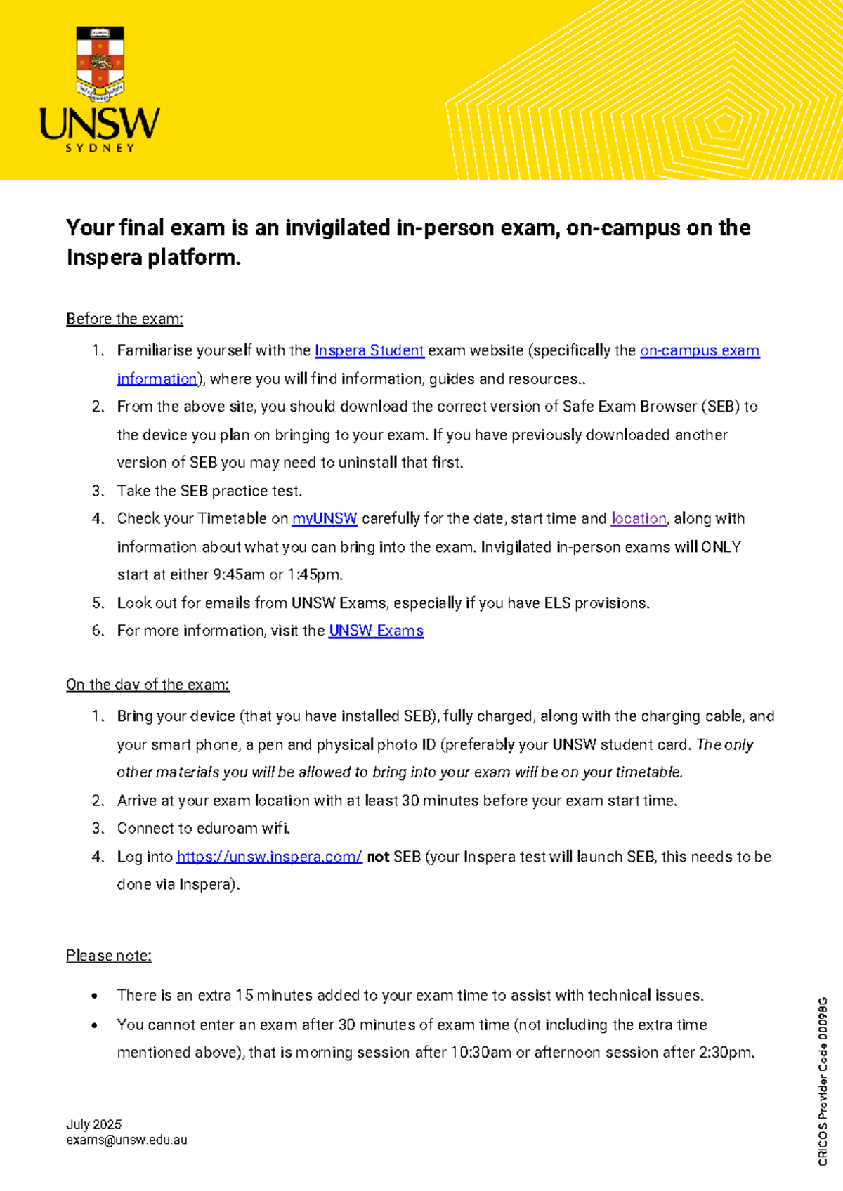 2025 UNSW Final Exam Guidelines for Invigilated Exams - Studocu