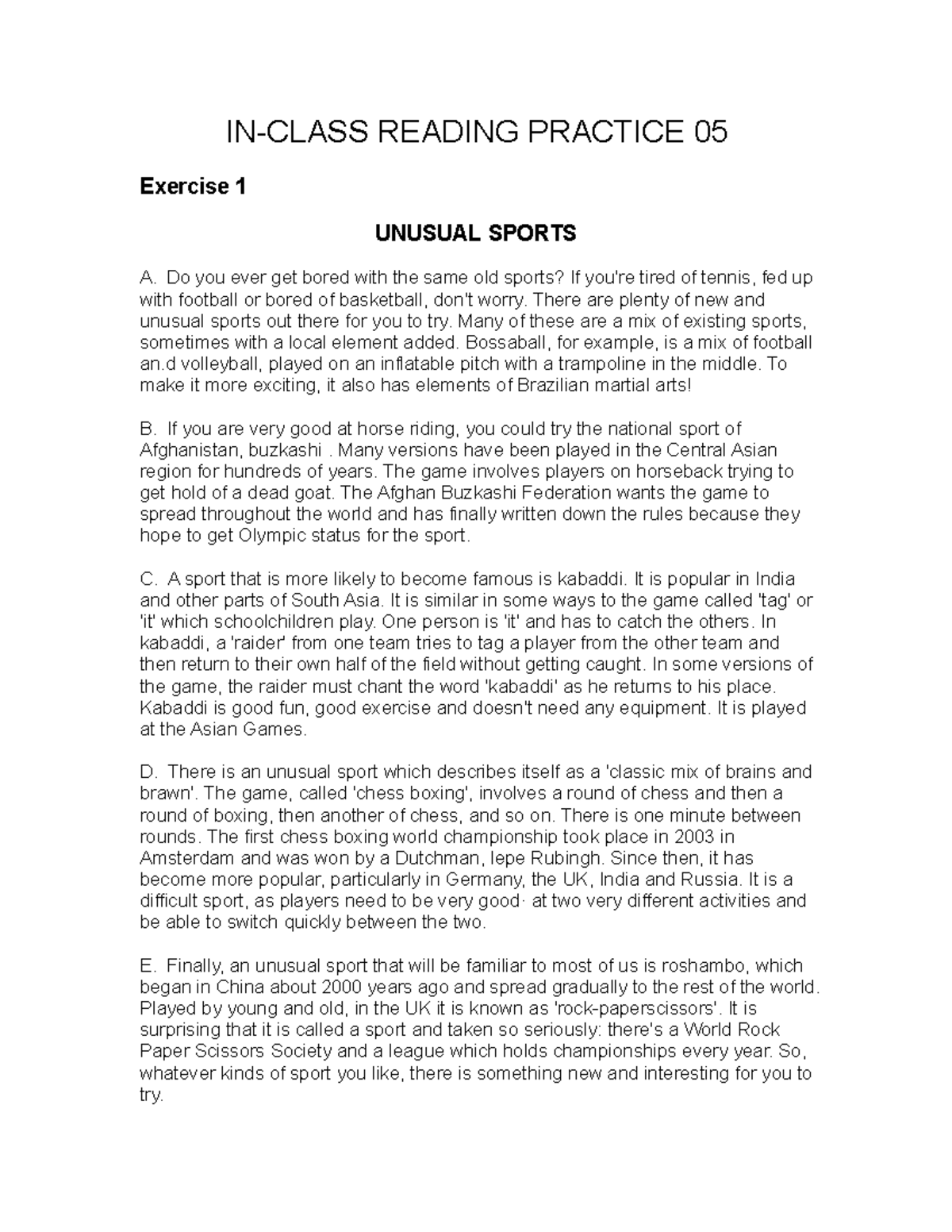 IN-CLASS READING PRACTICE 05: Unusual Sports & Parkour Analysis - Studocu