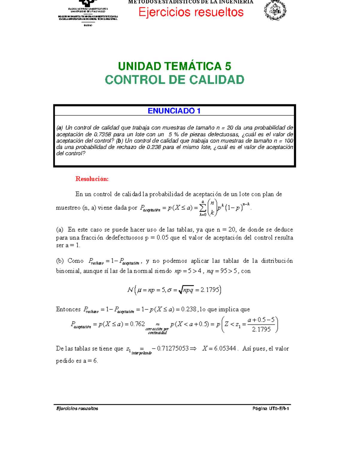 Ejercicios Resueltos - Control de Calidad (UT5-ER) - Studocu