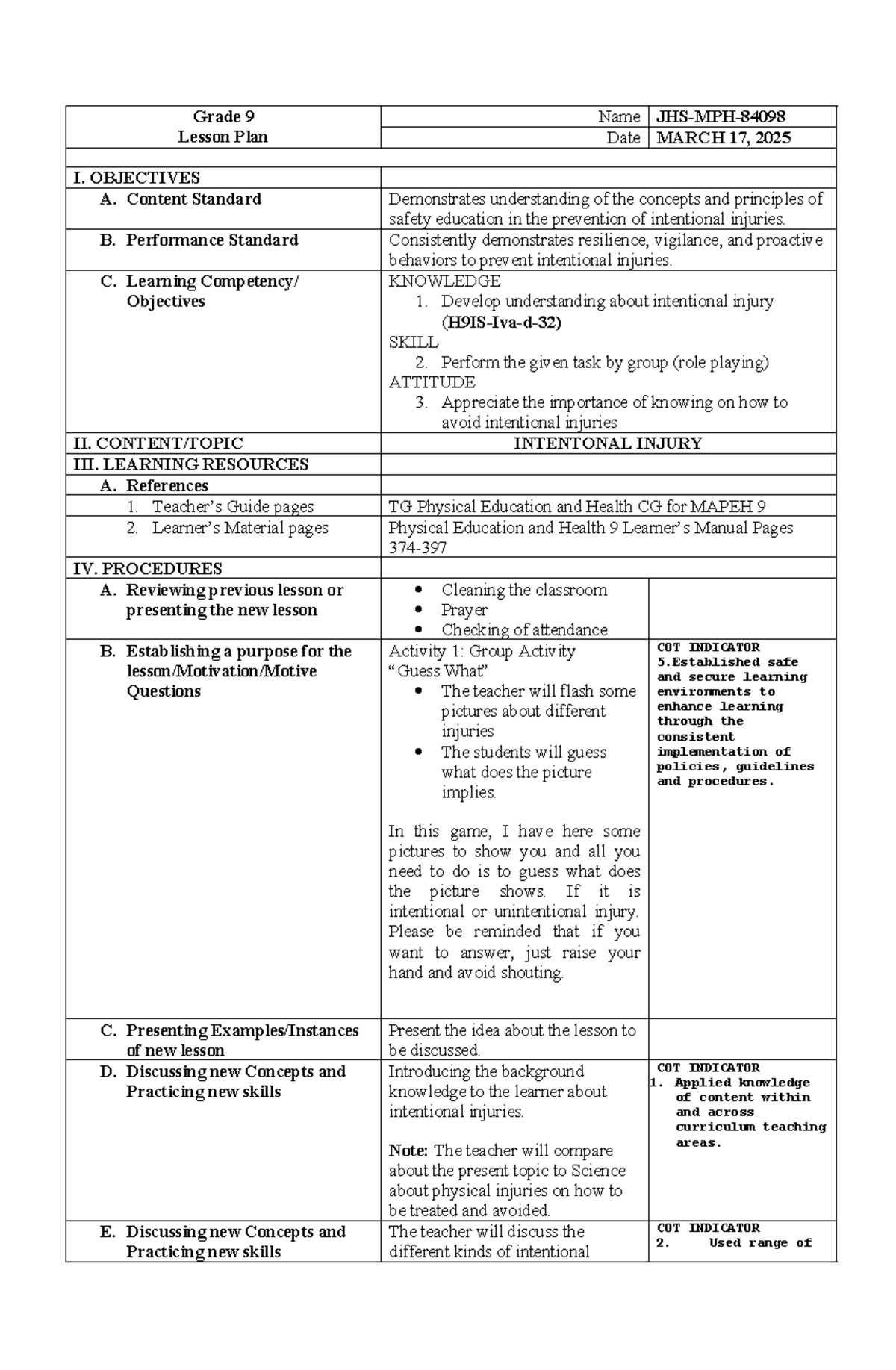Grade 9 Health Lesson Plan on Intentional Injury Prevention (JHS-MPH ...