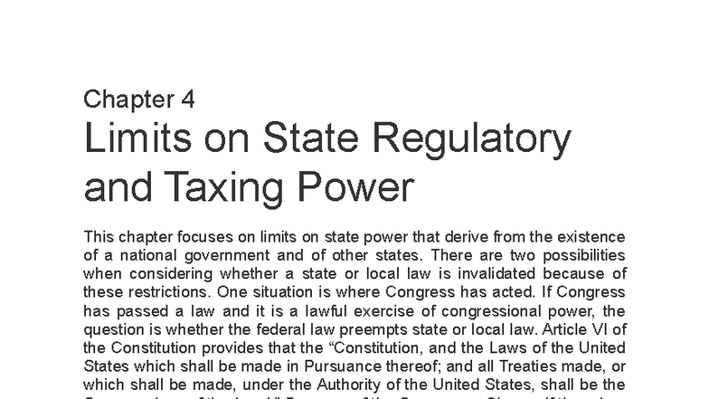 Chapter 4: Limits on State Regulatory & Taxing Power (LAW 101) - Studocu