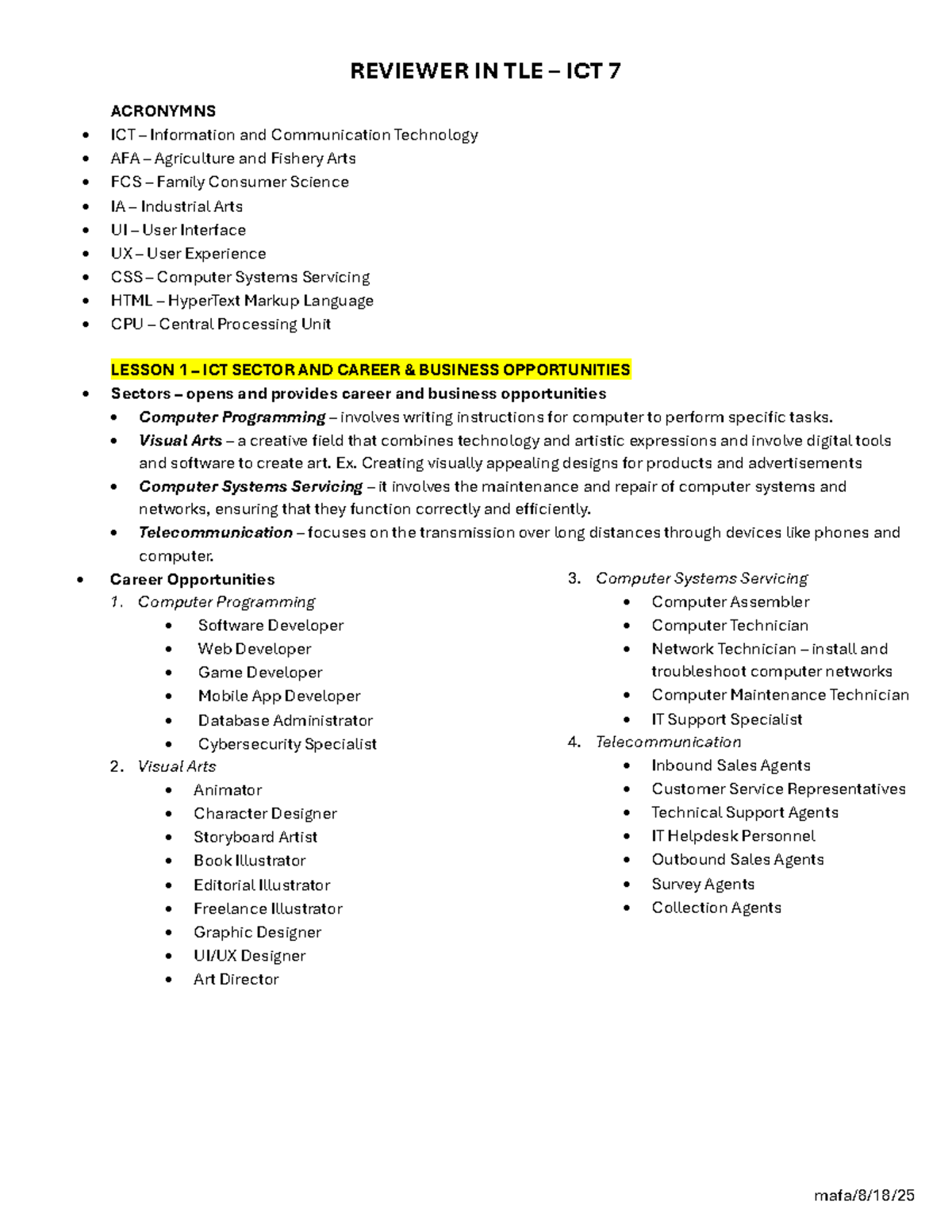Reviewer for TLE ICT 7: Acronyms, Careers, Trends, and Software - Studocu