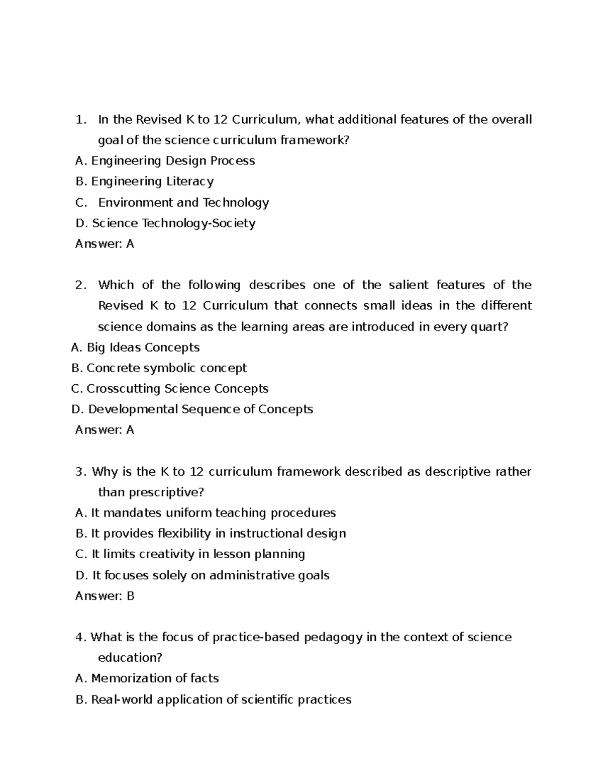 Revised Pretest Science 5: Key Features of K to 12 Curriculum - Studocu
