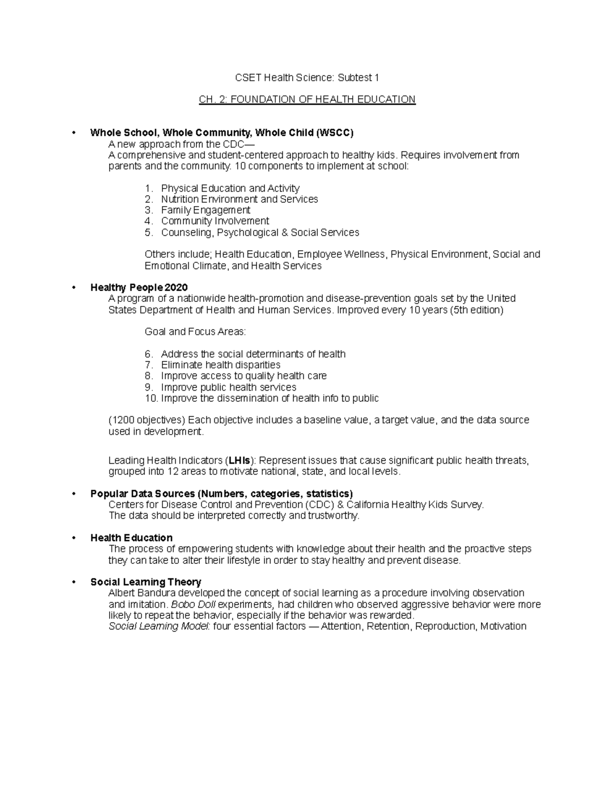 CSET Health Science Study Guide: Foundations of Health Education - Studocu