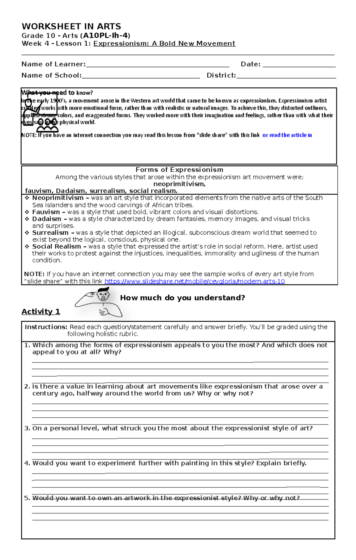 Activity Sheet in Arts - Week 4 (A10PL-Ih-4) Lesson on Expressionism ...