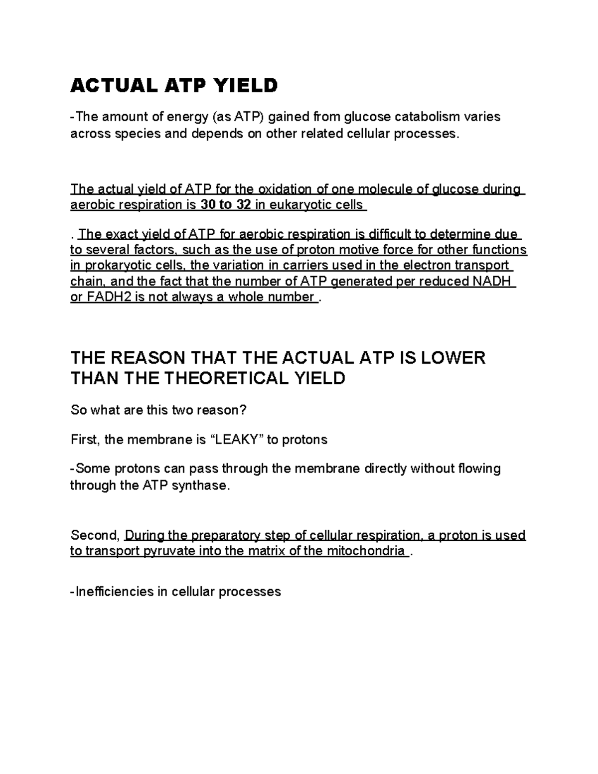 Actual ATP Yield in Cellular Respiration Processes (Bio 101) - Studocu