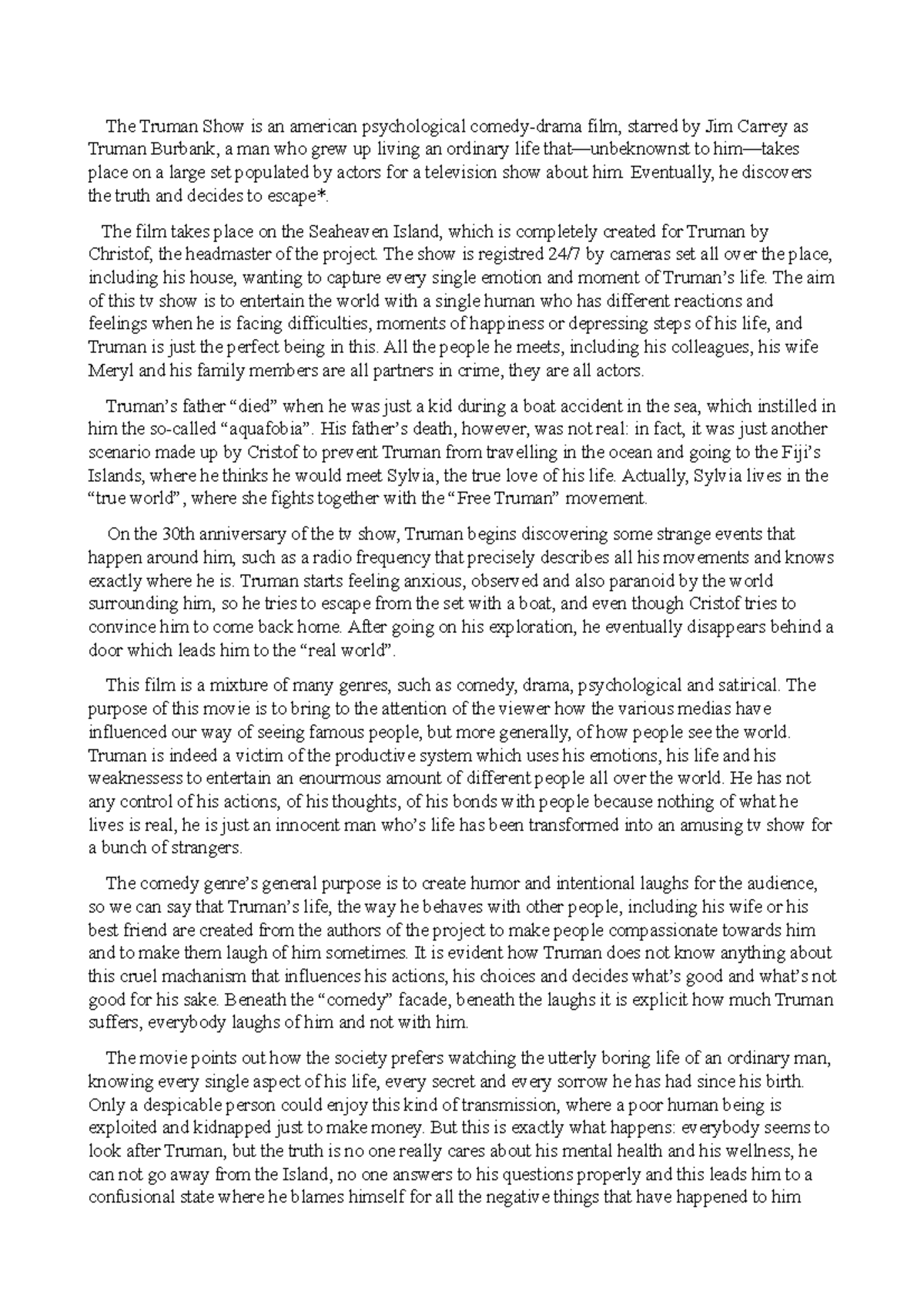The Truman Show Essay by Adriana Lopane - The Truman Show is an ...