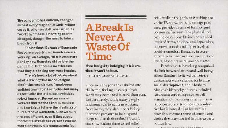 Resource: Article on Benefits of Taking Breaks in Life by Lynn Zubernis ...