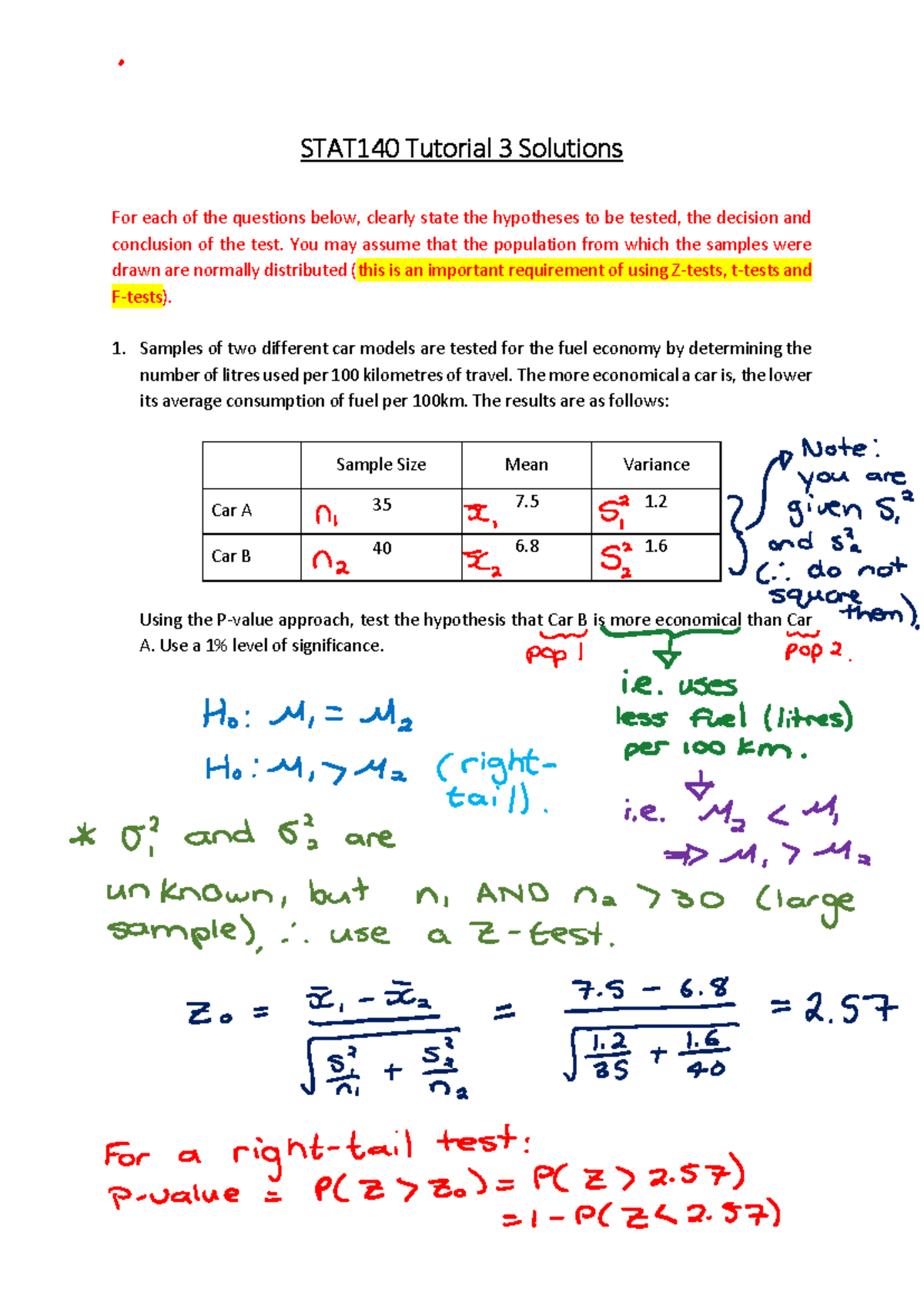 STAT140 Tutorial 3: Hypothesis Testing Solutions and Analysis - Studocu
