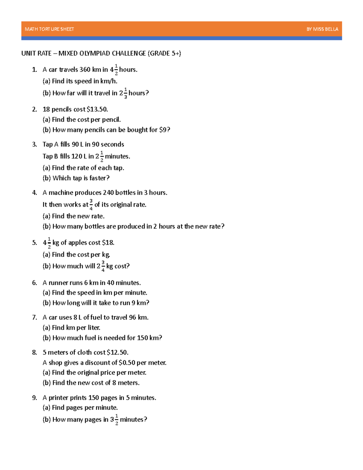MATH 101: Unit Rate Mixed Olympiad Challenge Worksheet (Grade 1) - Studocu