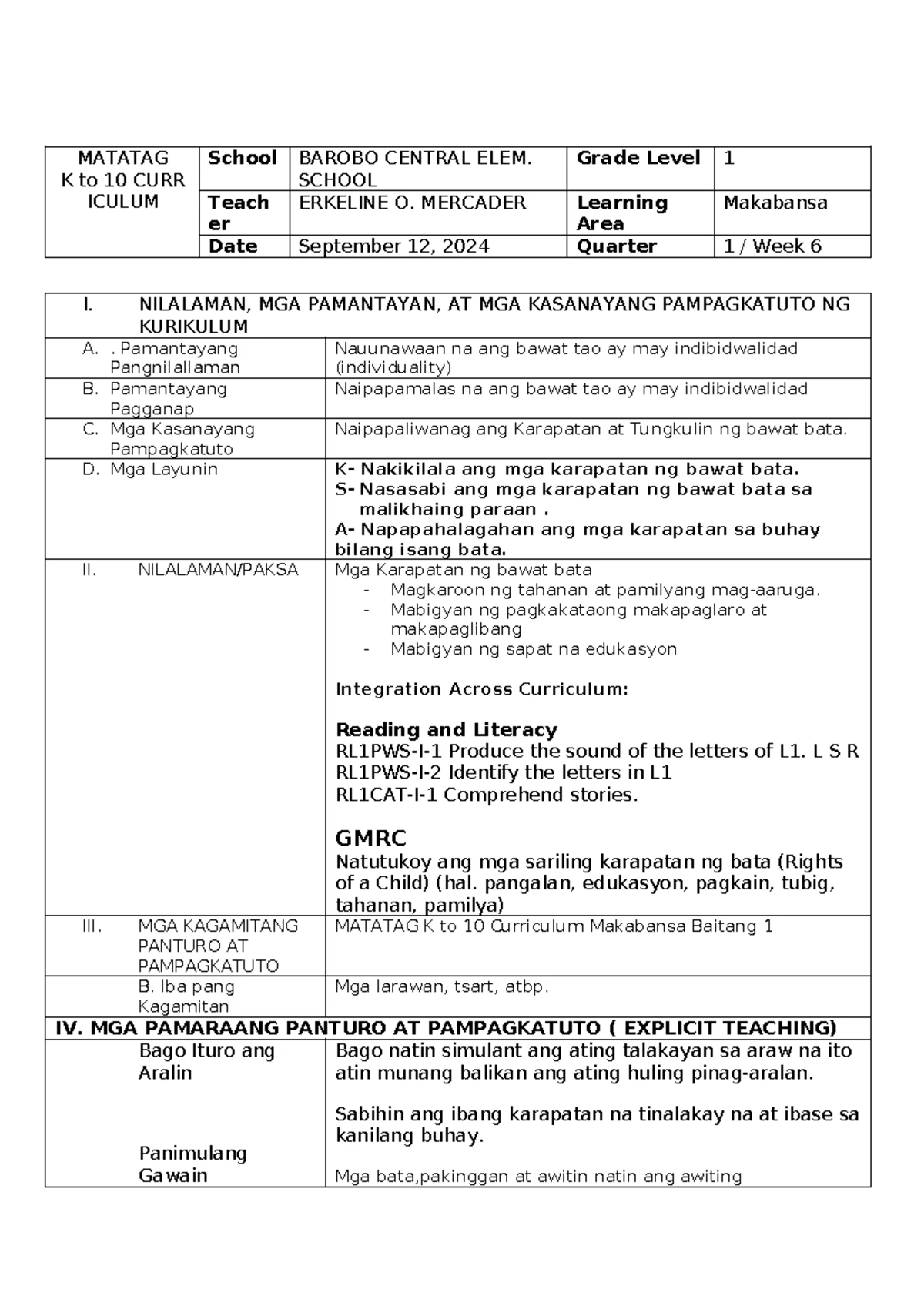 1ST CO Matatag Lesson Plan: Reading & Literacy Q1, Grade 1 - Studocu