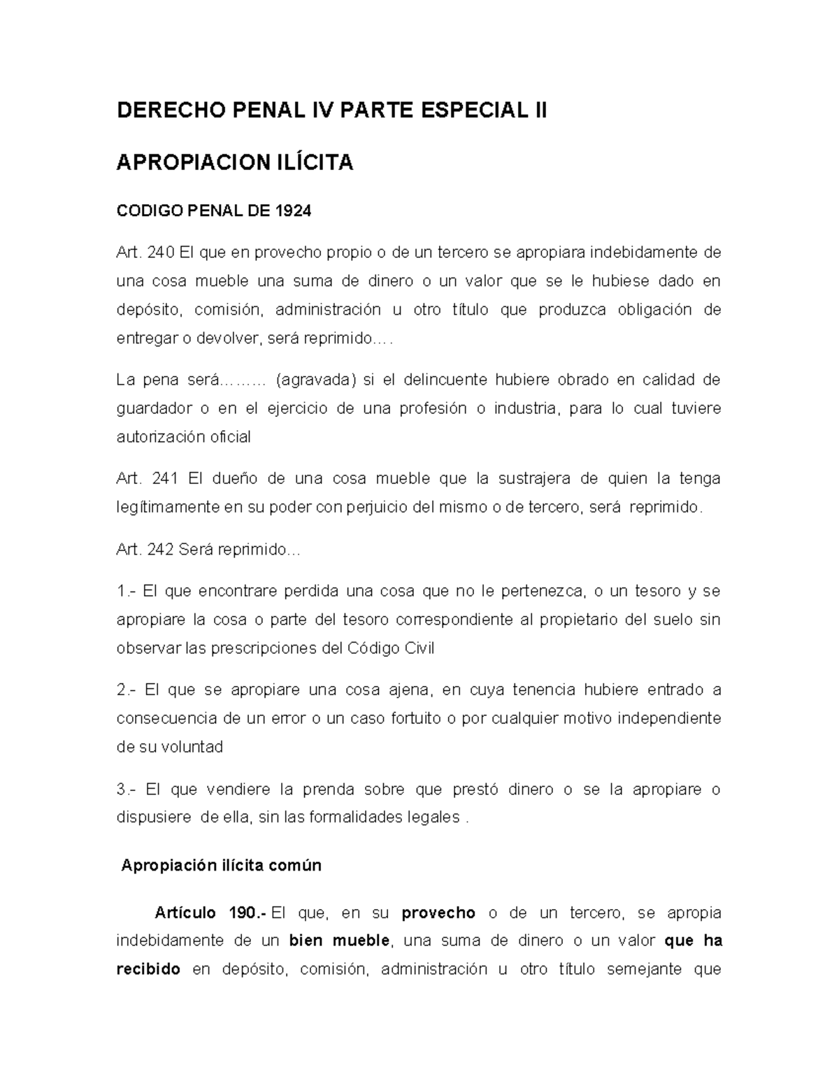 DERECHO PENAL IV: Delito de Apropiación Ilícita y sus Artículos - Studocu