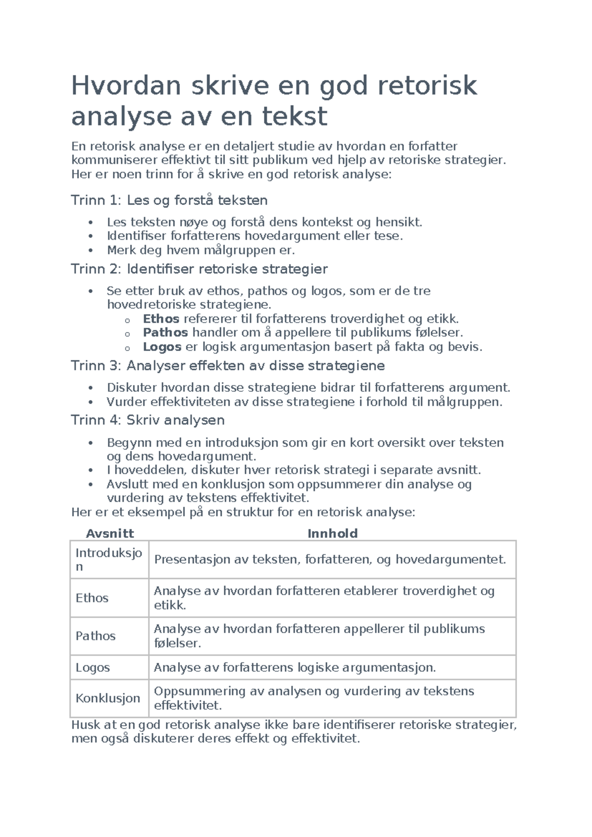 Skriveguide: Retorisk Analyse av Tekster - Tips og Trinn - Studocu