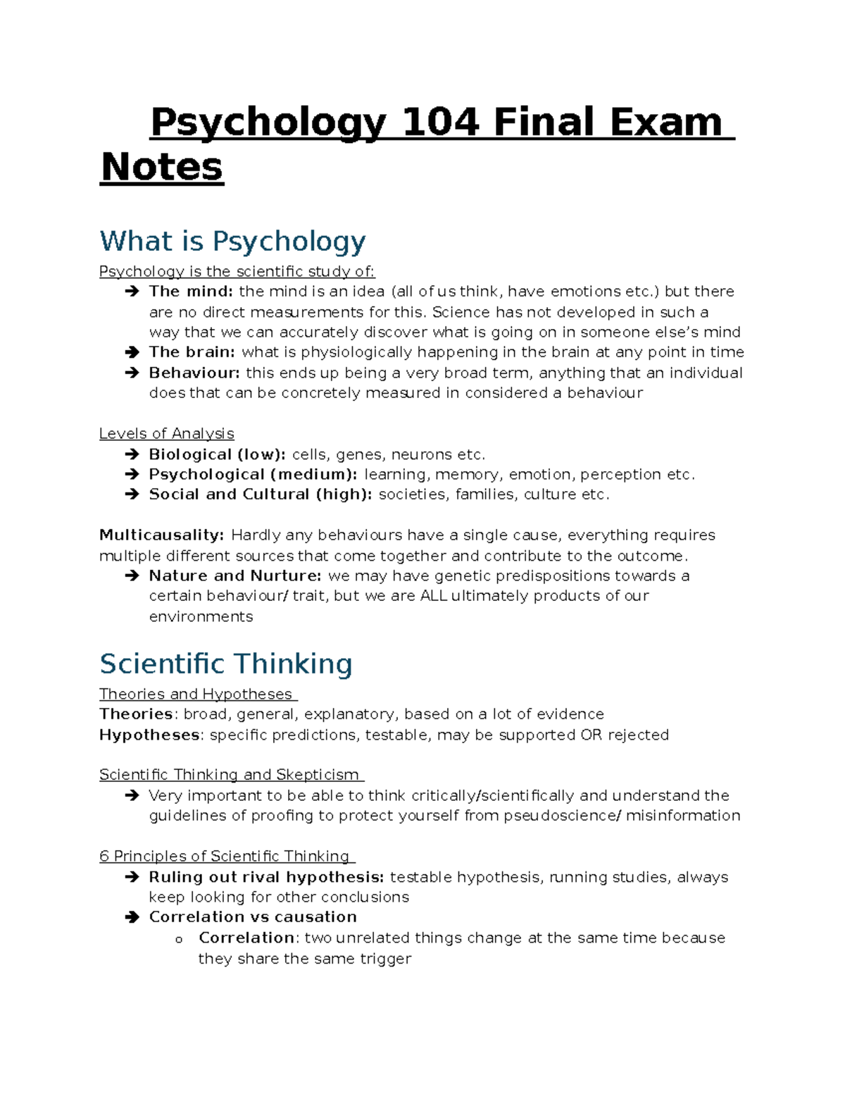 Psychology 104 Final Exam Study Notes: Key Concepts and Theories - Studocu