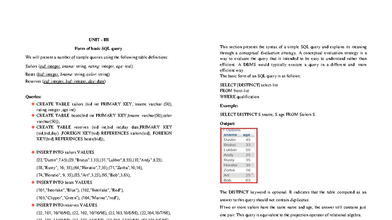 DBMS UNIT-3: Basic SQL Query Forms and Examples - Studocu