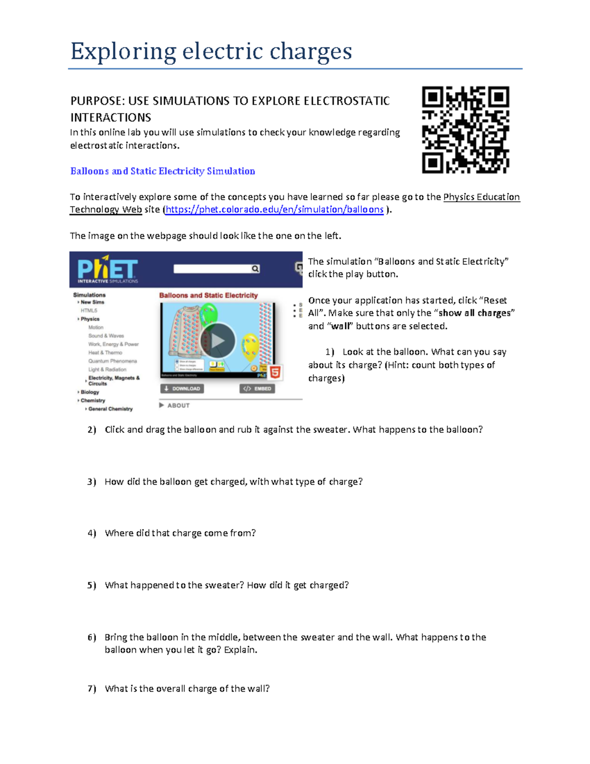 Phet electricity lab sheet: Exploring electrostatic interactions - Studocu