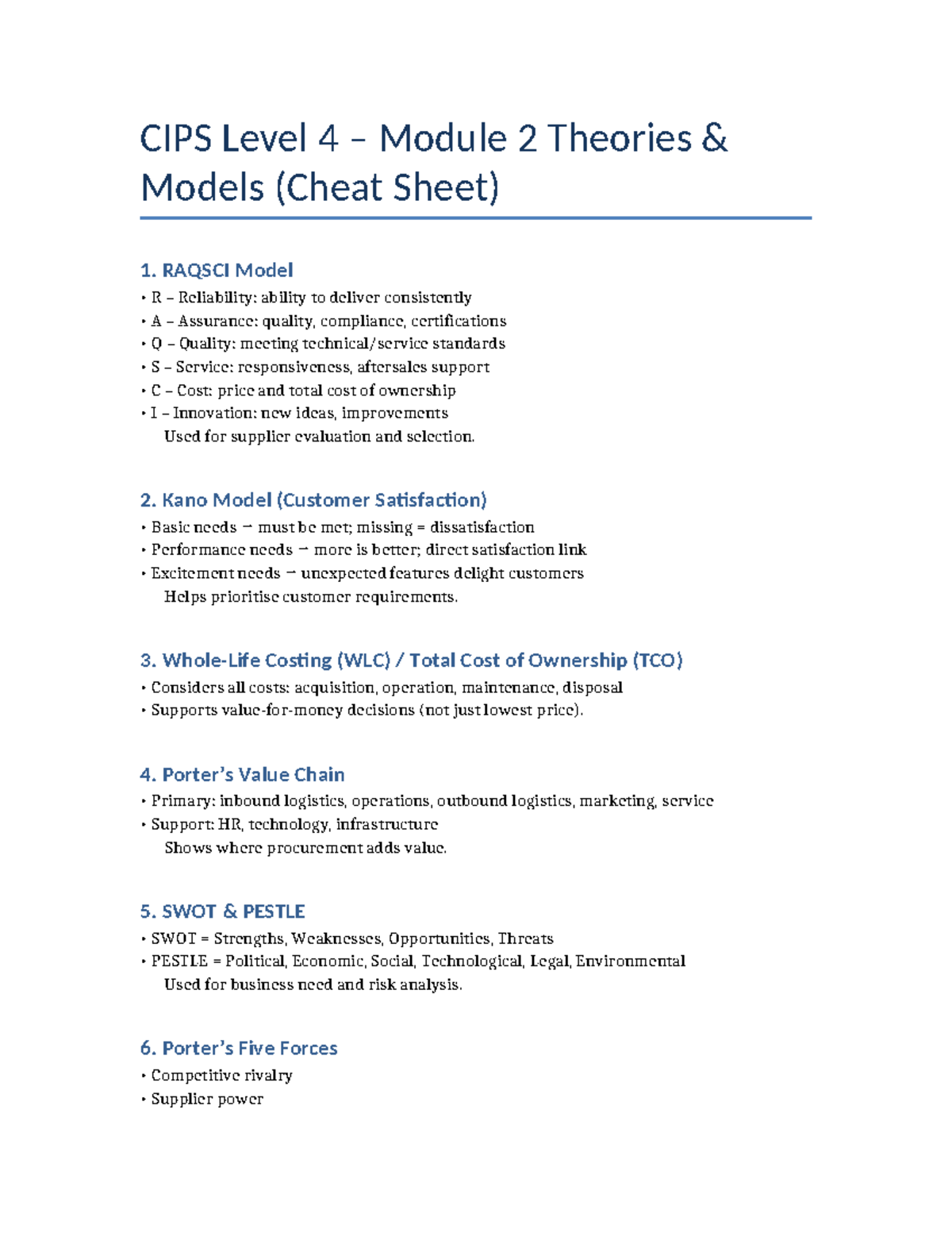CIPS Level 4 Module 2 Theories & Models Cheat Sheet Final Exam - Studocu