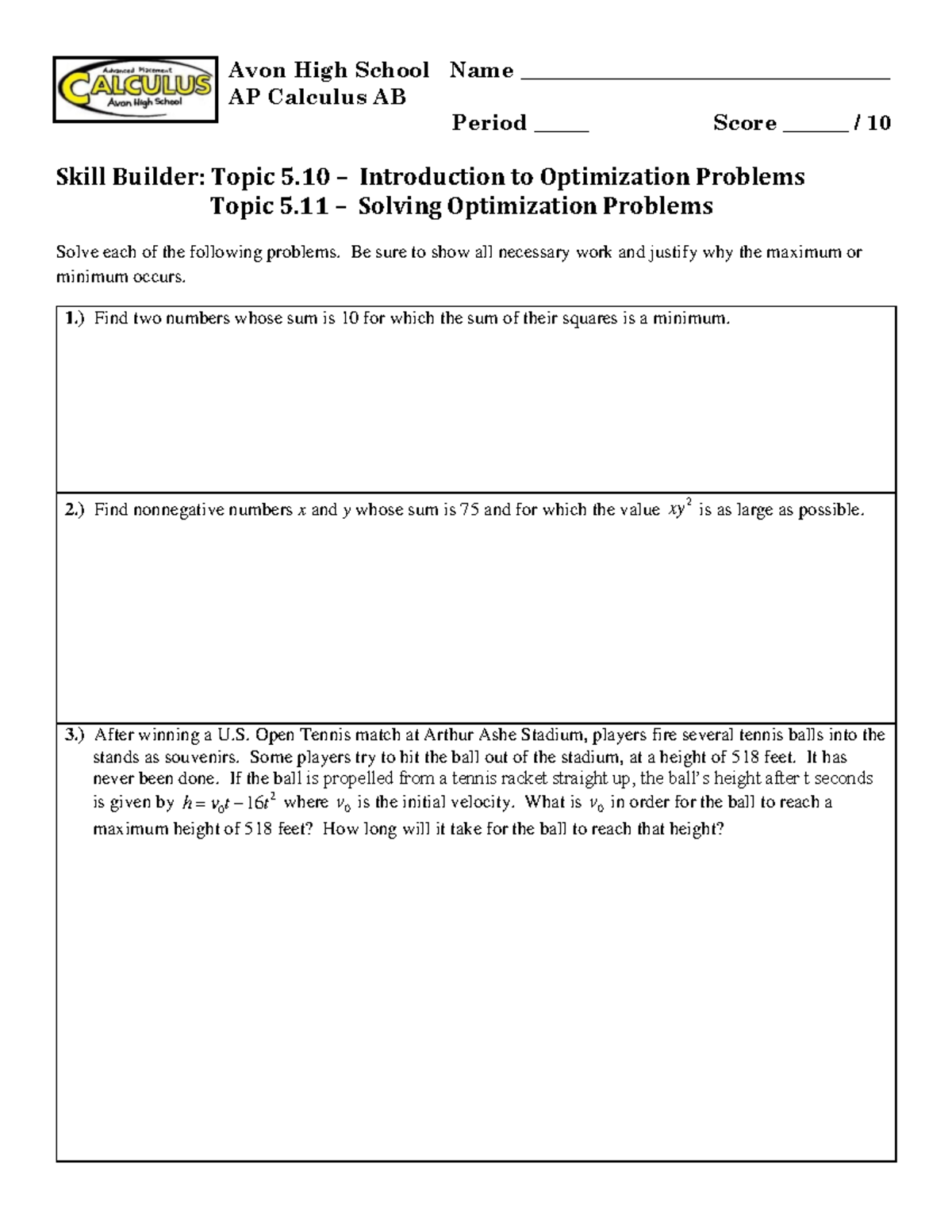 Topic 5.10-5.11: Optimization Problems in AP Calculus AB - Studocu