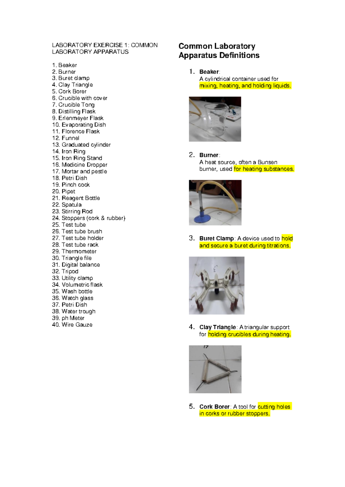 CHEM 101: Laboratory Exercise 1 - Common Lab Apparatus Overview - Studocu