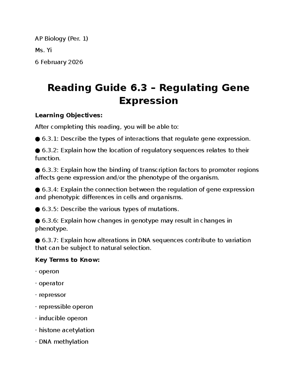 AP Biology (Per. 1) Ms. Yi 6 Feb 2026 Reading Guide: Gene Expression ...