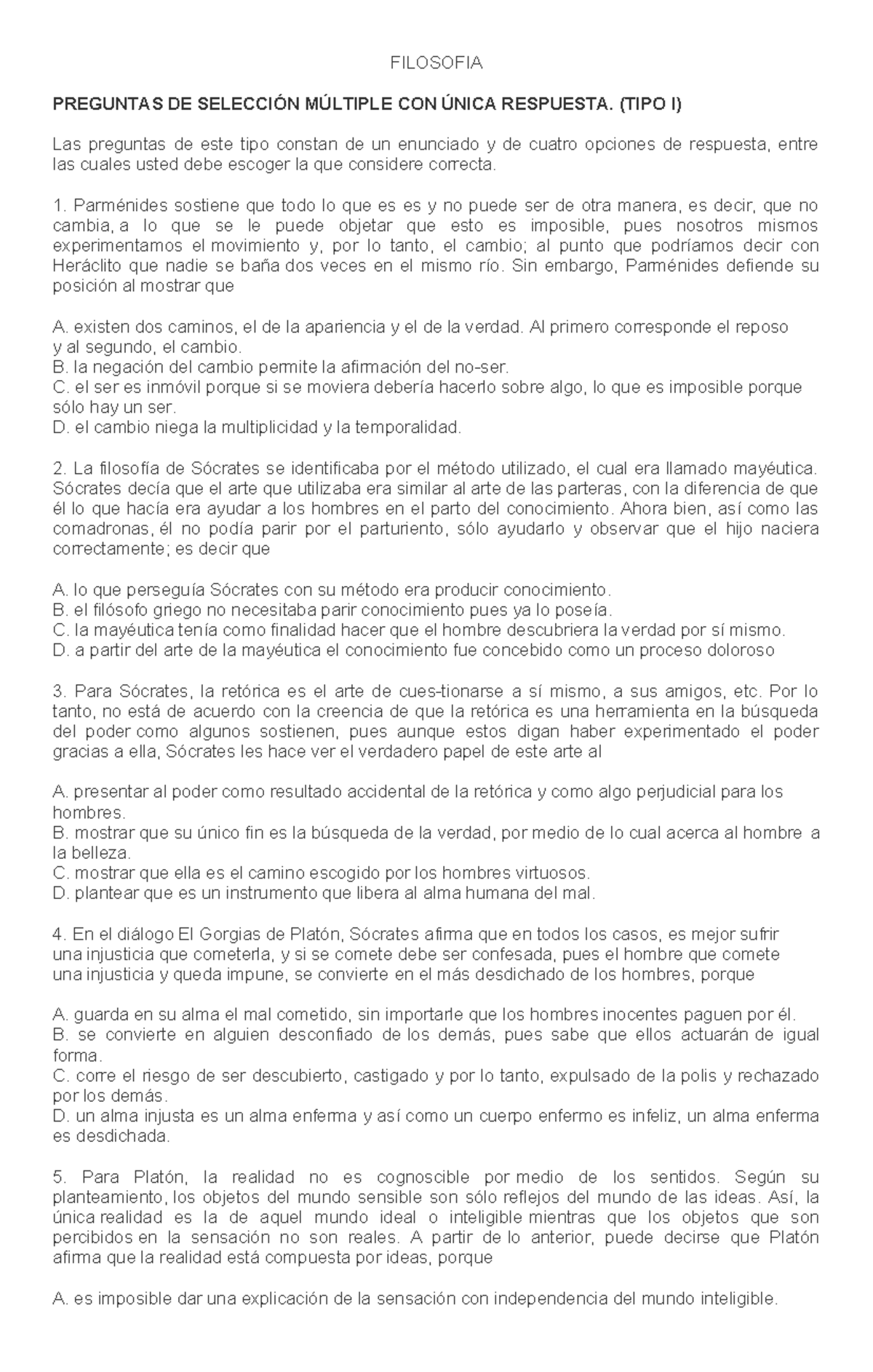 FILOSOFÍA PREGUNTAS DE SELECCIÓN MÚLTIPLE (TIPO I) - PREICFES - Studocu