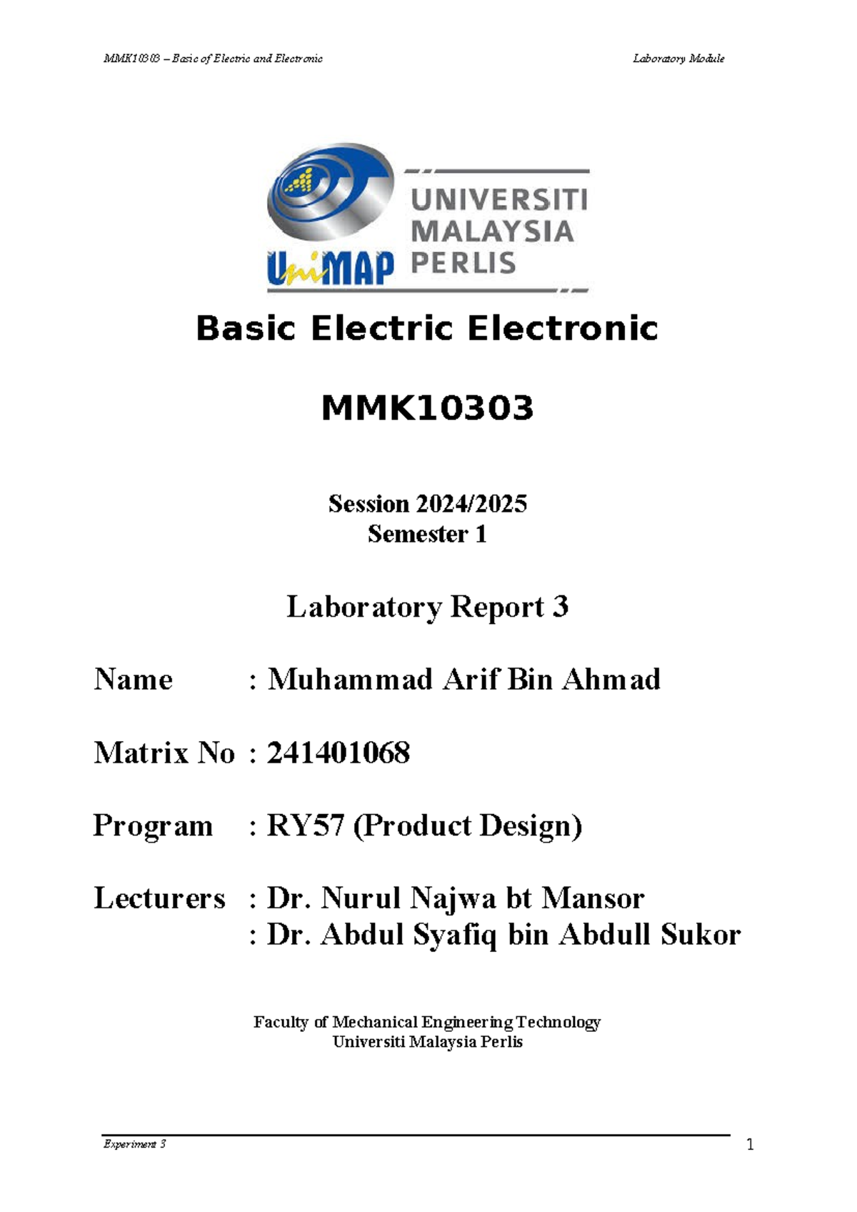 EXP3- Kirchhoff’S LAW - not avaiable - Basic Electric Electronic MMK Session 2024/ Semester 1 ...