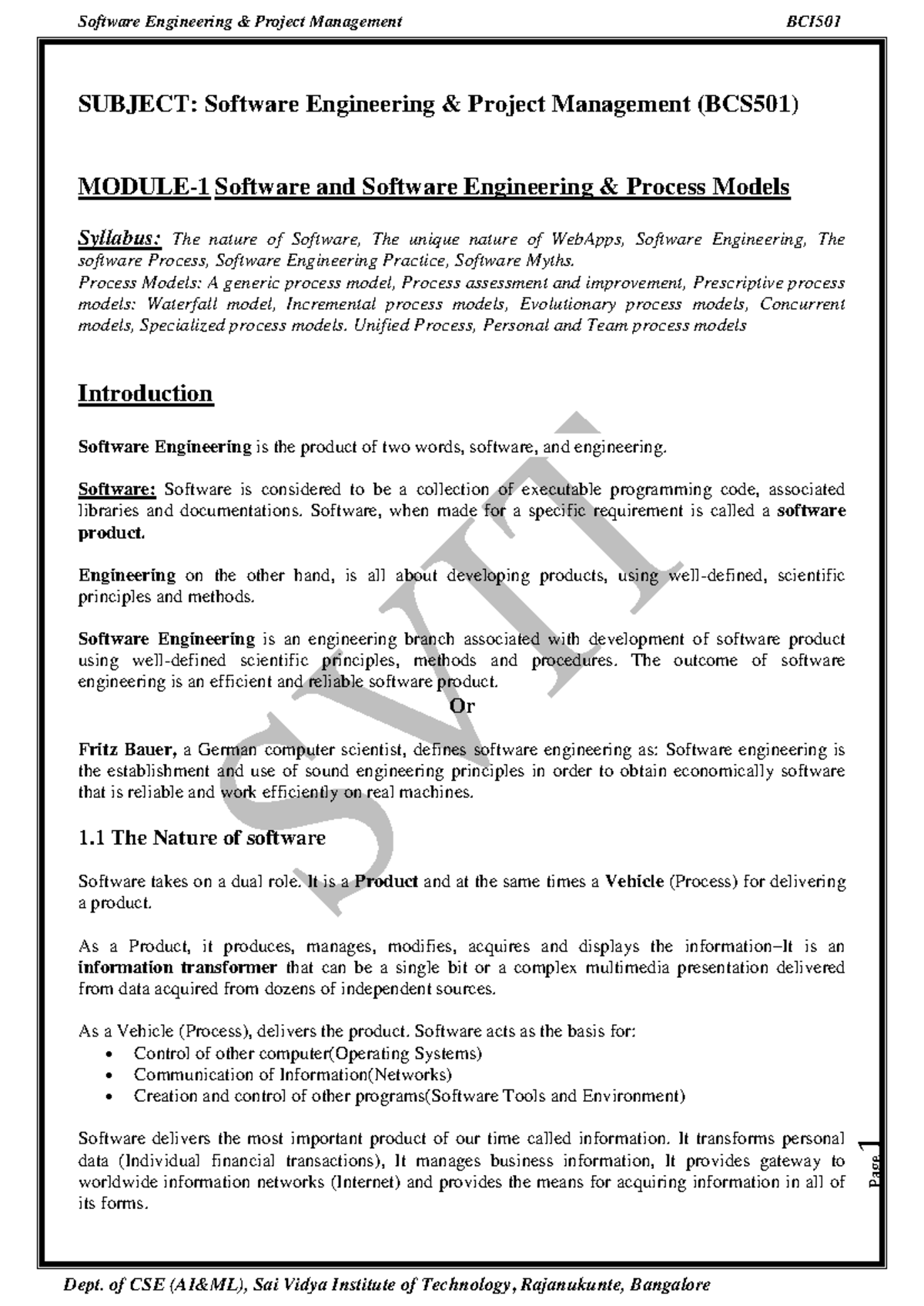 Software Engineering Project Management BCI501: Module 1 Notes on ...