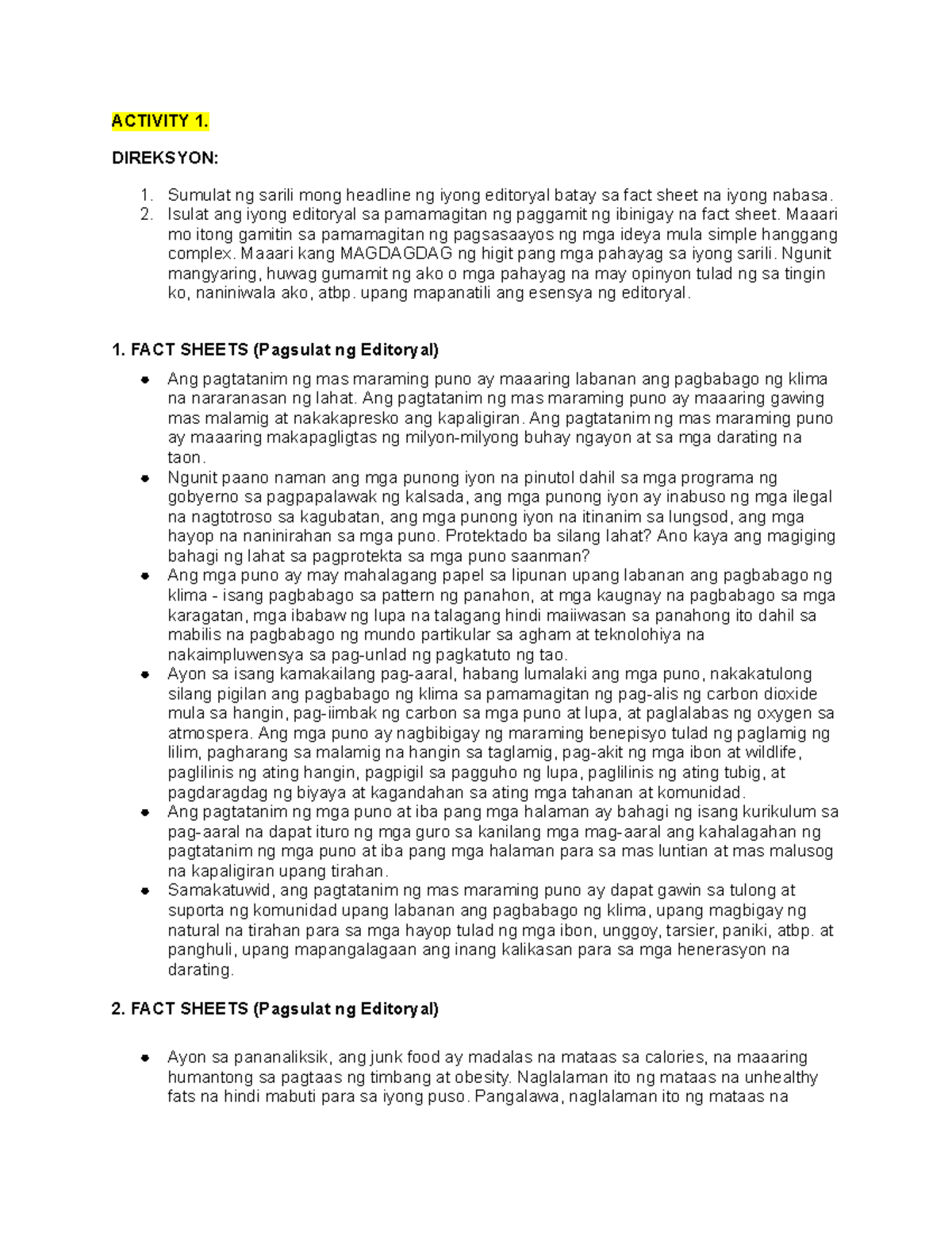 Pagsusuri at Pagsulat ng Editoryal: Mga Fact Sheet at Pamagat - Studocu