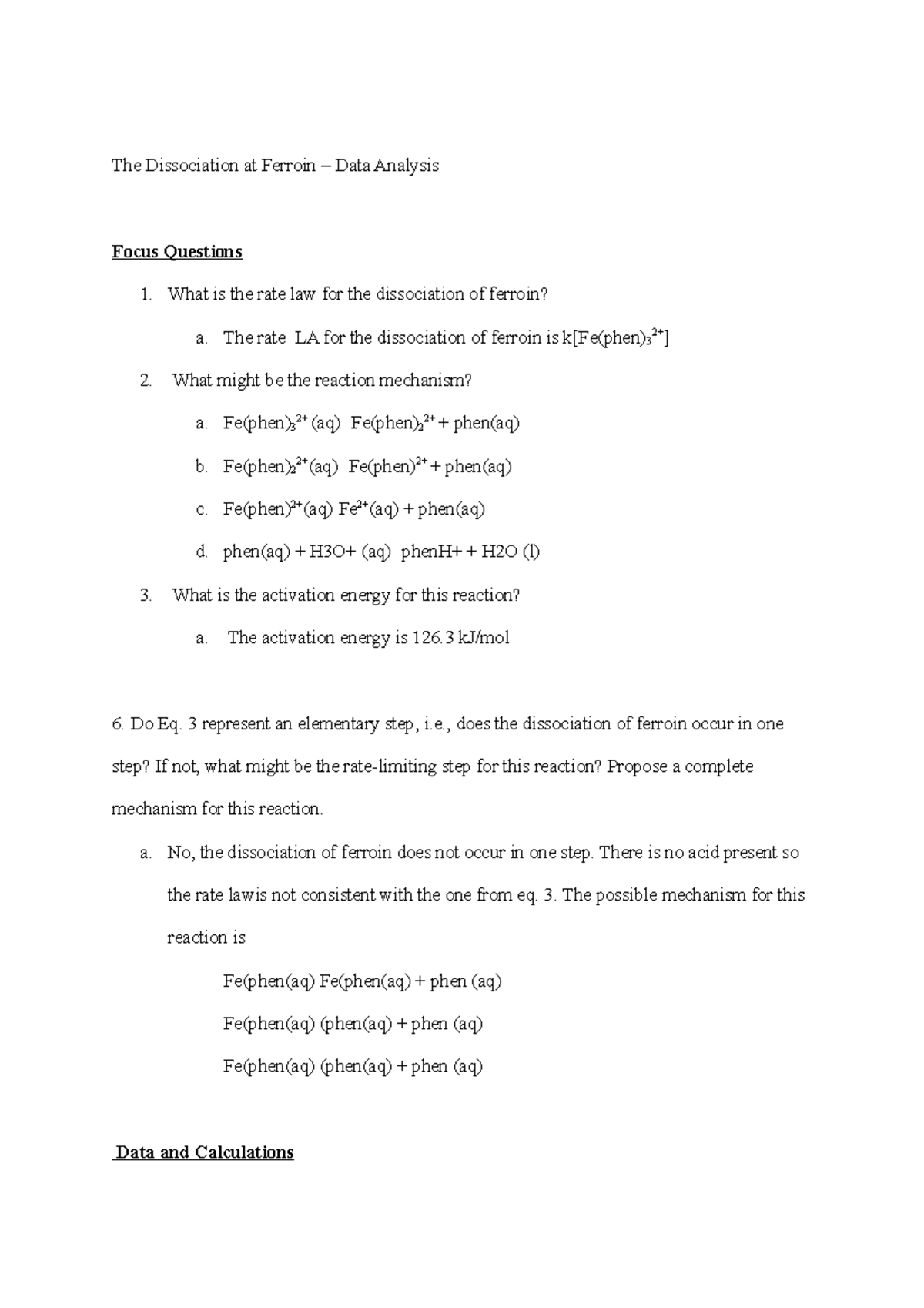 Lab 20 - Report on Ferroin Dissociation Rate and Mechanism Analysis ...