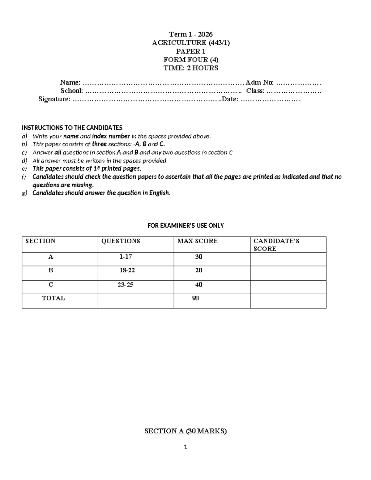 Term 1 2026 AGRICULTURE PAPER 1 FORM FOUR (4) Exam Questions - Studocu