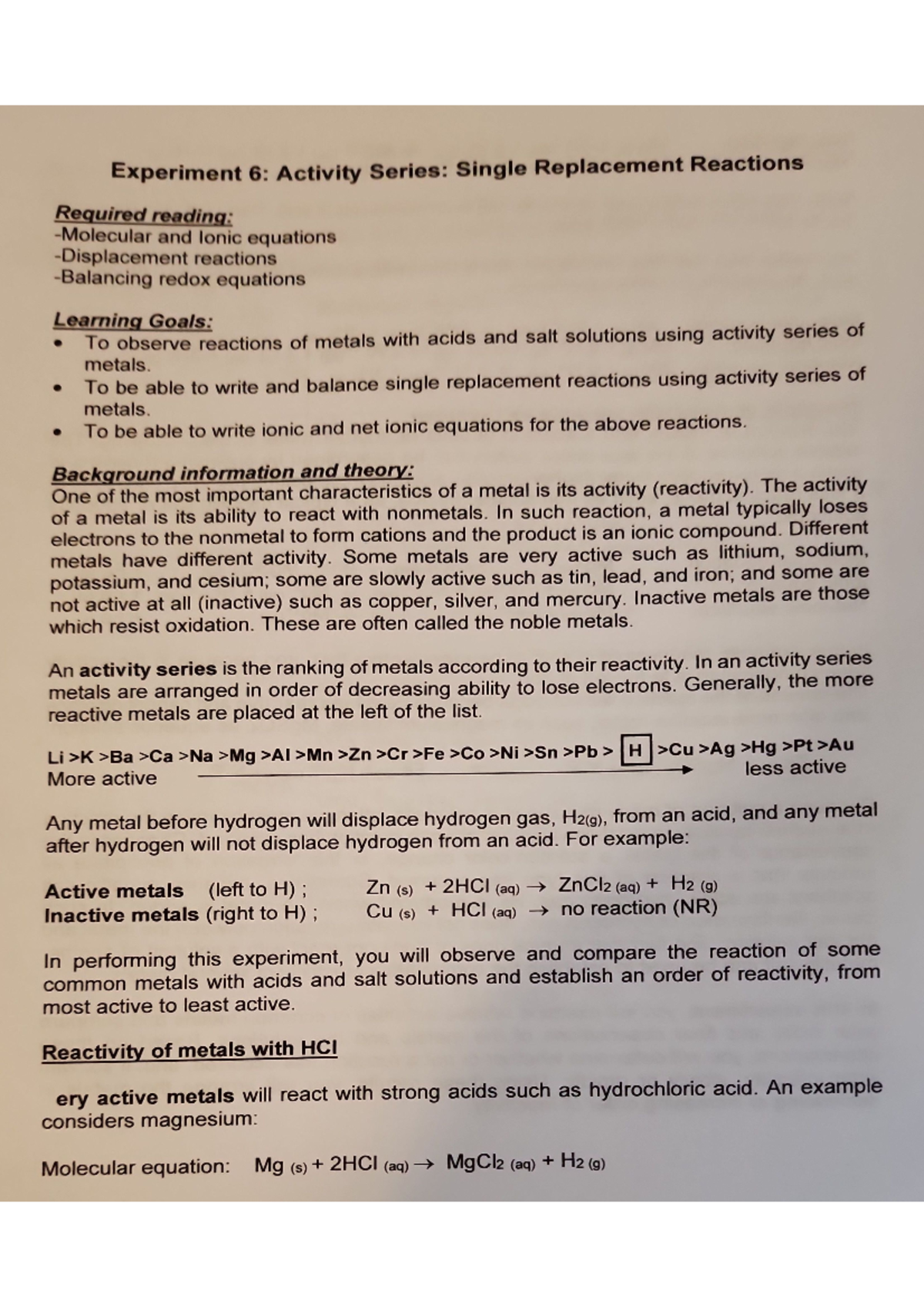 Lab 6: Activity Series and Single Replacement Reactions Insights - Studocu