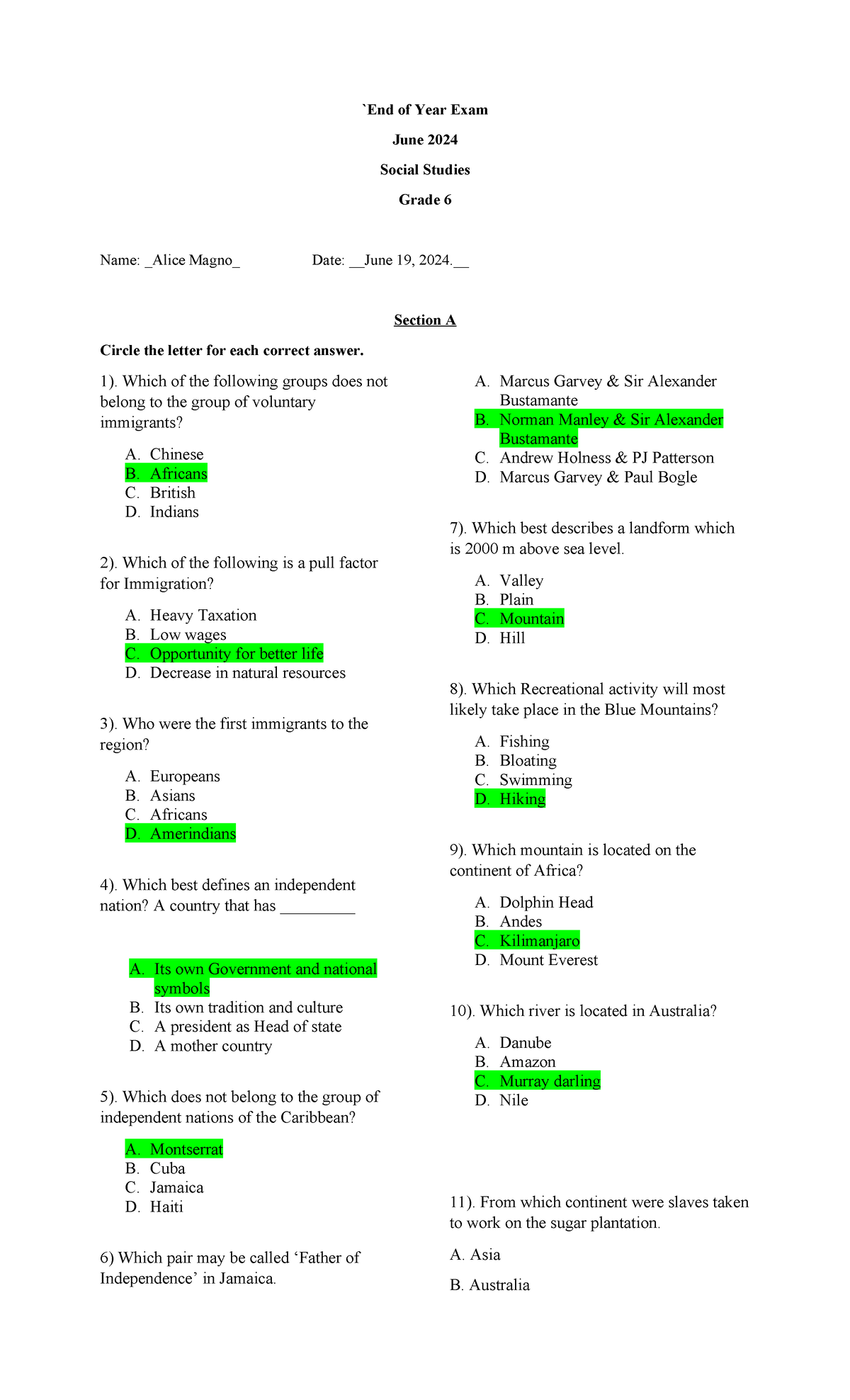 Grade 6 EOY Exam Answers: Social Studies June 2024 - Alice Magno - Studocu