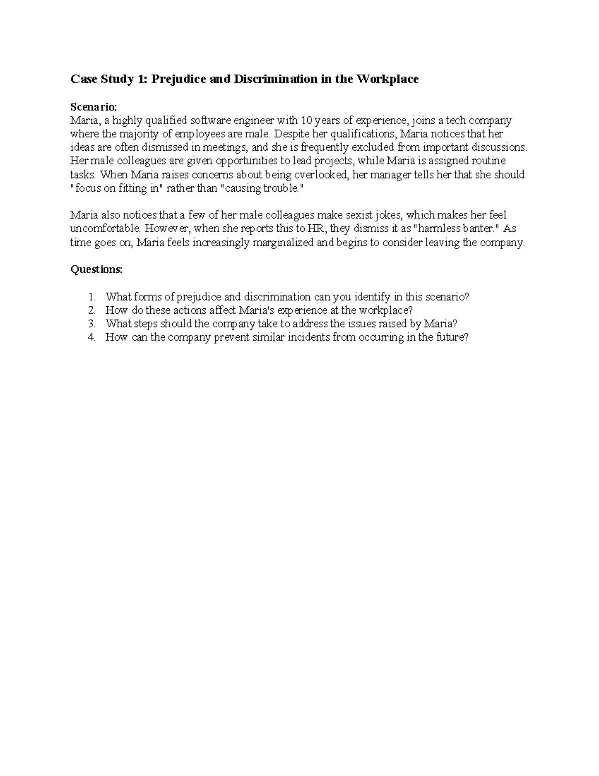 BAHR 212 Case Study 1: Workplace Prejudice & Discrimination Analysis ...