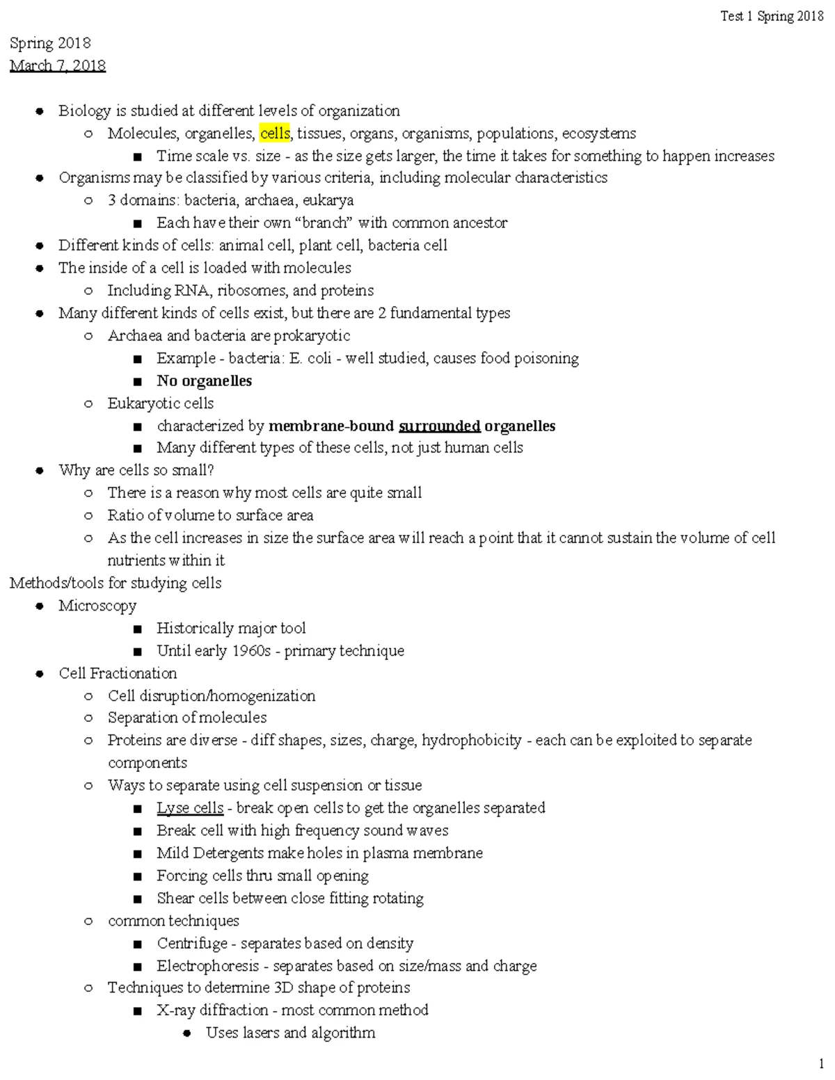 Lecture 1 Notes for BISC 315 - Exam 1 Overview on Biology Levels - Studocu