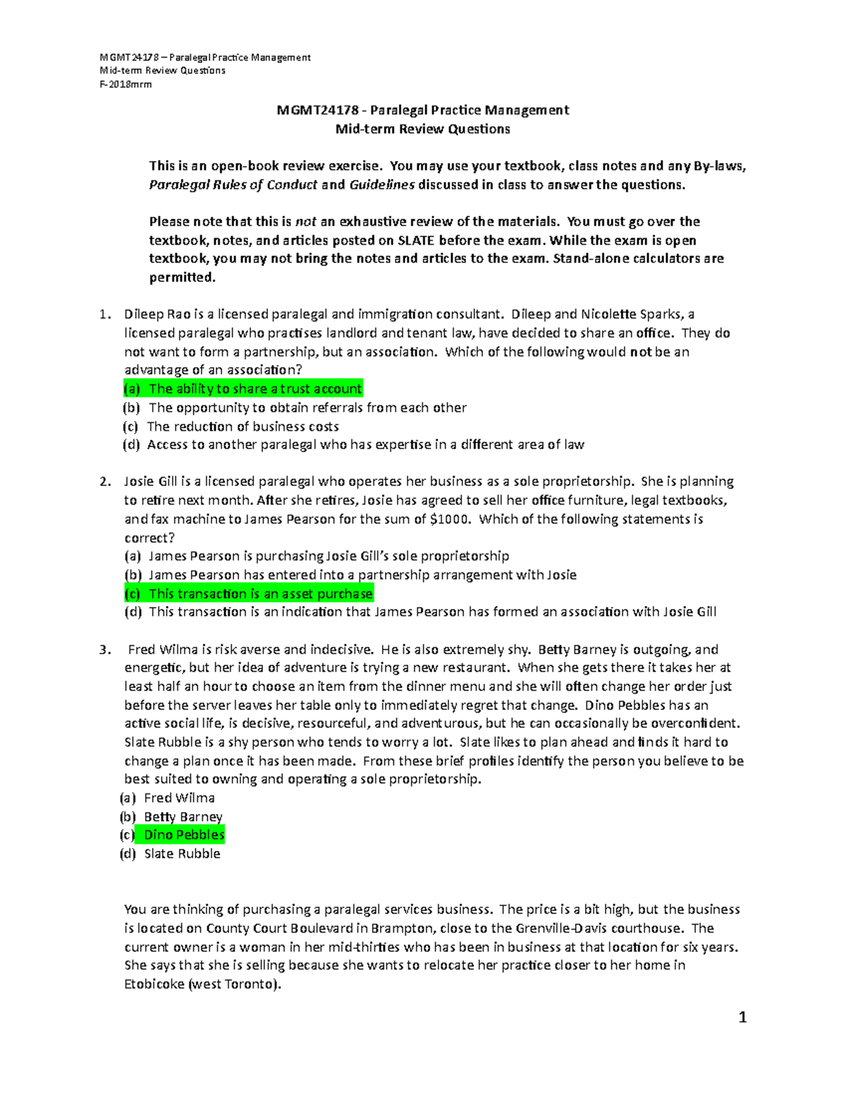 Final Exam February 2019, answers - Mid-term Review Questions F-2018mrm ...