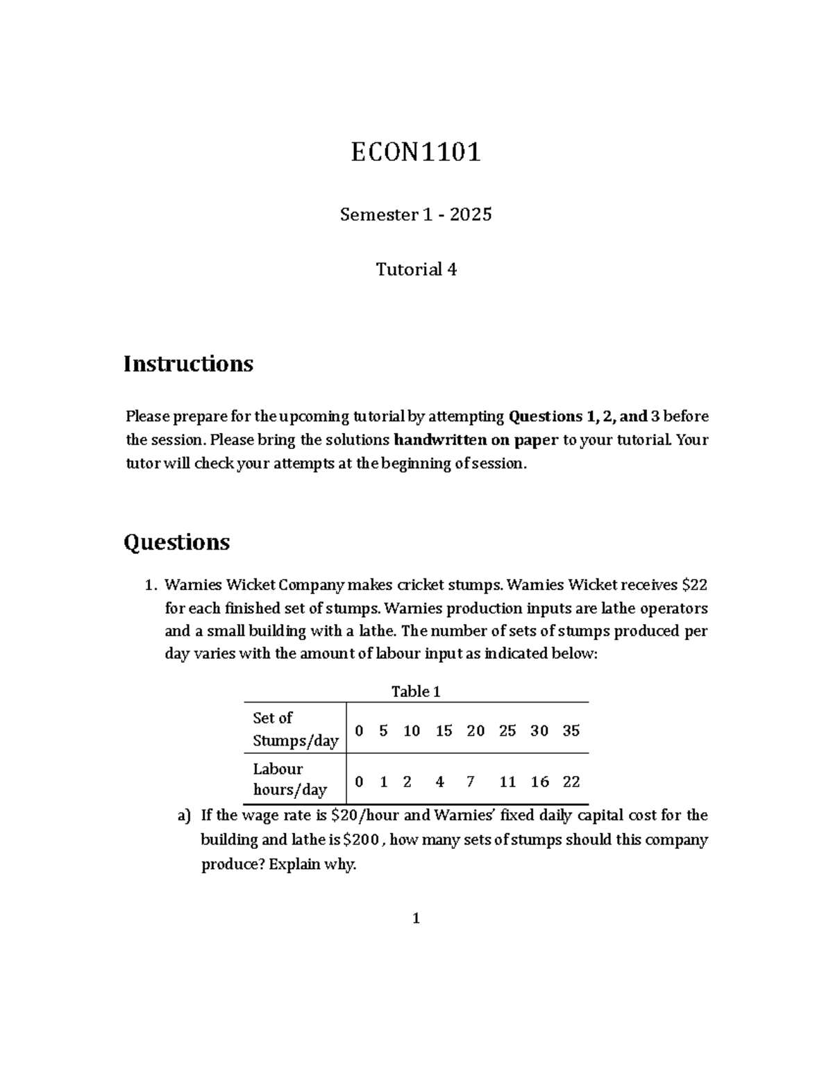 ECON1101 Semester 1 2025 Tutorial 4: Producer Theory Questions - Studocu