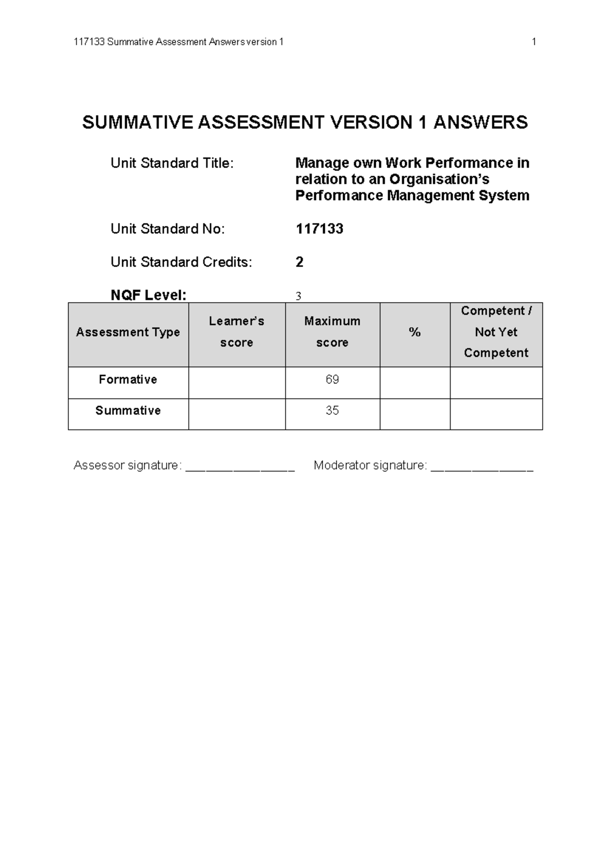 Summative Assessment V1 Answers for Unit Standard 117133 - Studocu